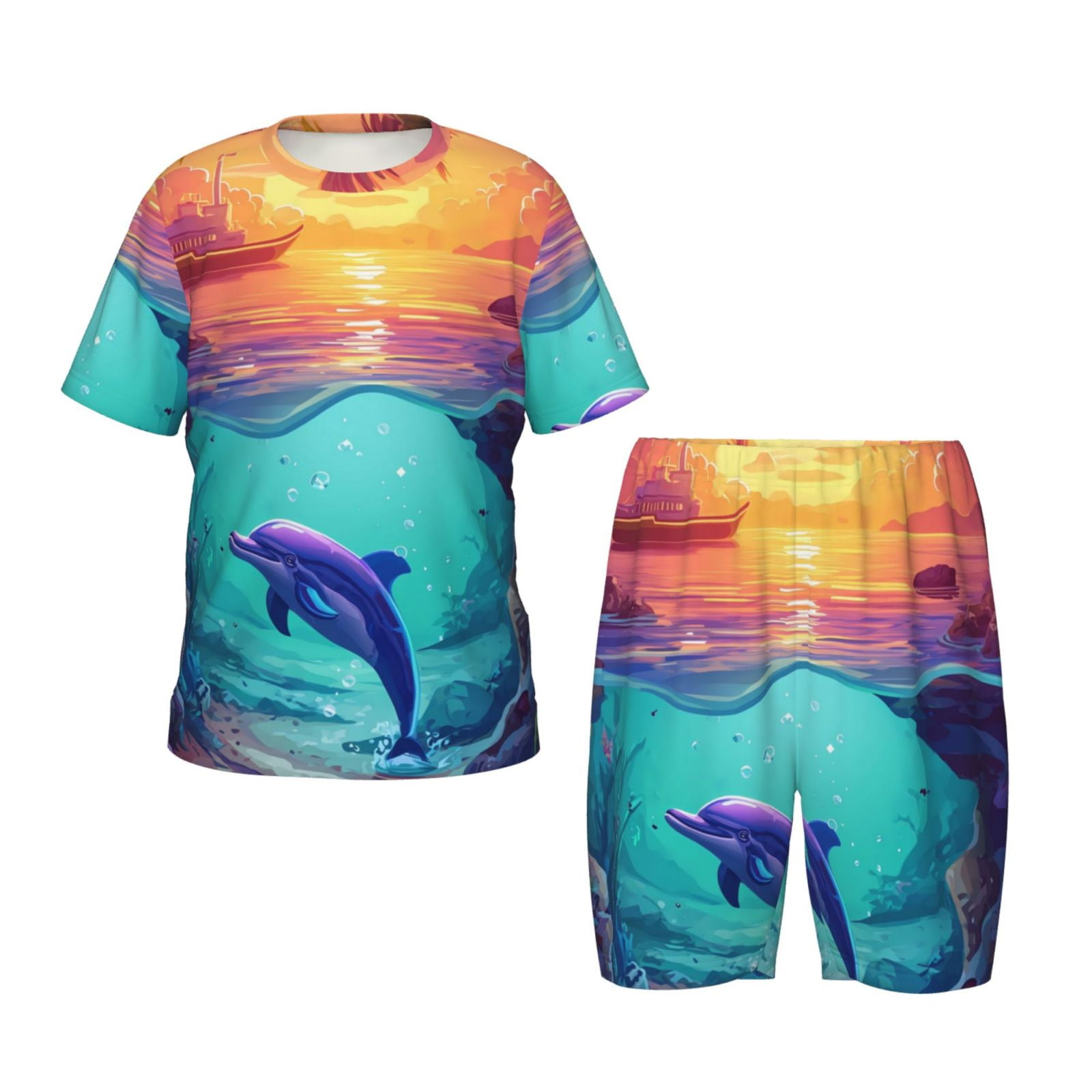 Goofa Hawaiian Island Dolphin Pattern Short-Sleeved Pajama Set for Kids ...