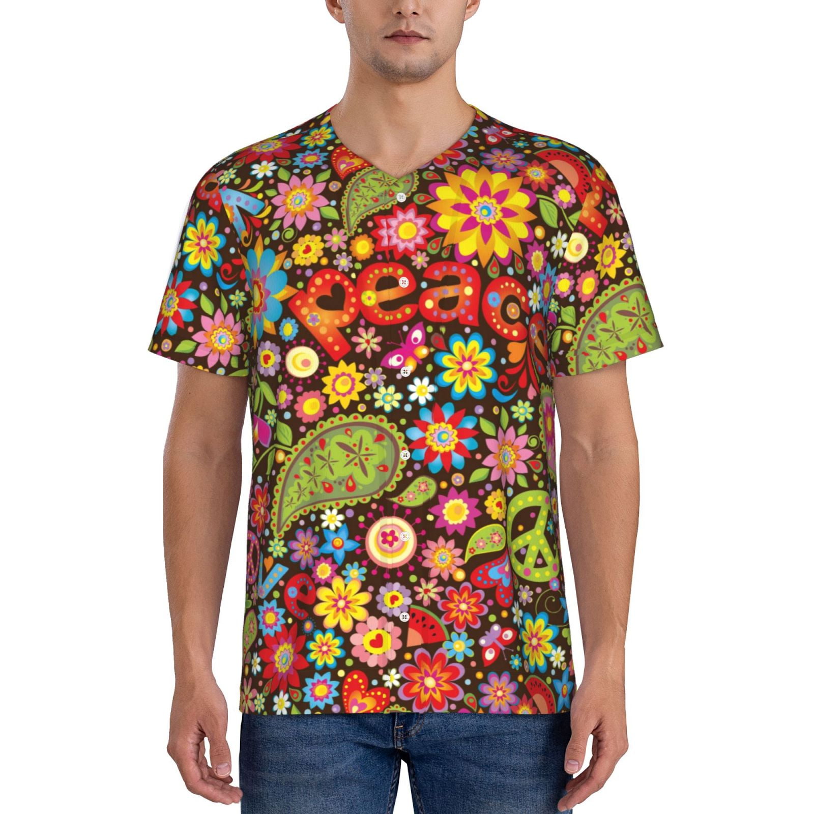 Goofa Hippie Peace Love Pattern Mens Golf Shirt Baseball T-shirt ...