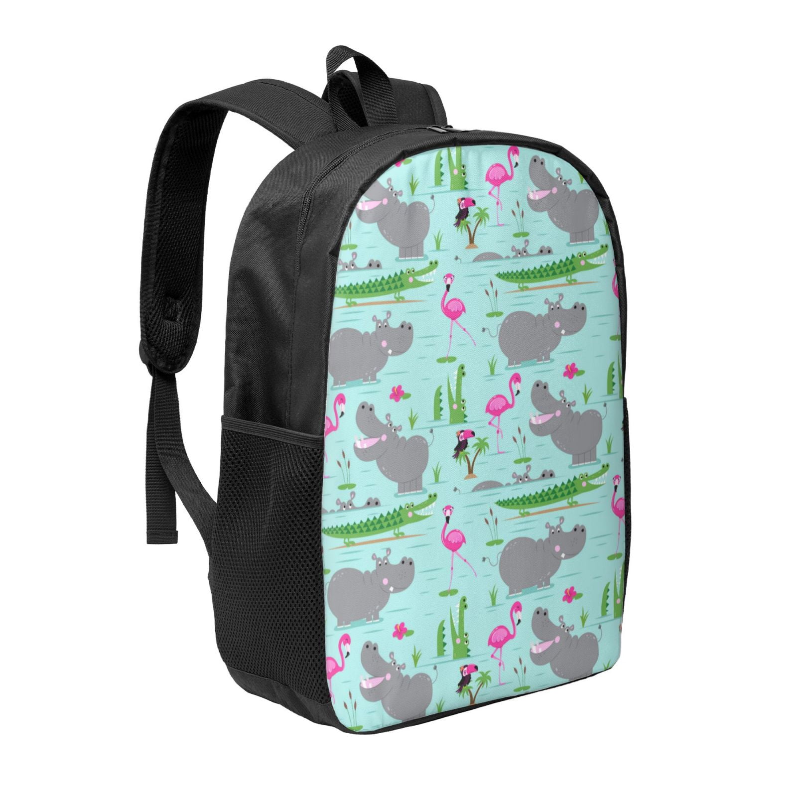 Goofa Hippo With Flamingos And Crocodiles Pattern 17in Student Backpack ...