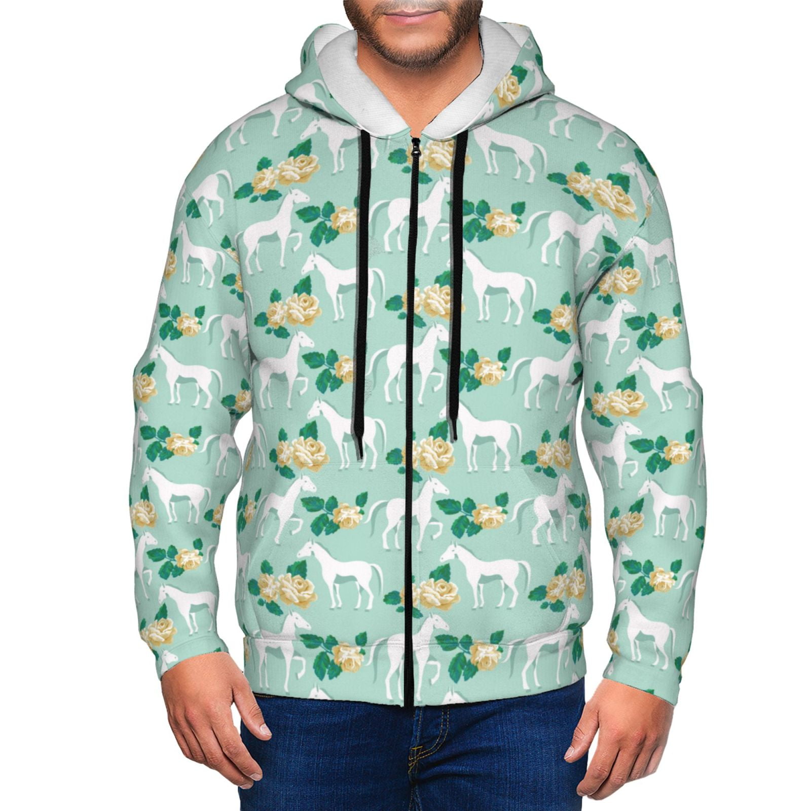 Goofa Horse And Flower Pattern Mens Full-zip Hoodie, Zip-up Pullover ...