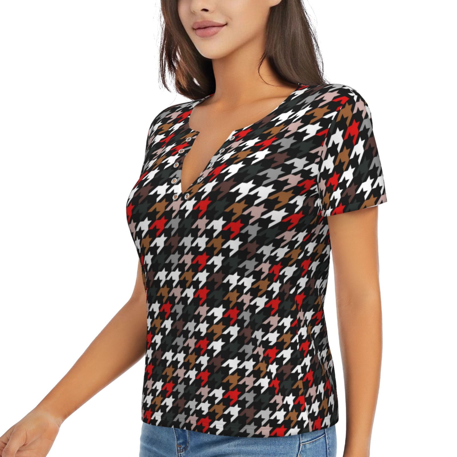 Goofa Houndstooth Green Red Pattern Womens Deep V Neck Low Cut Tops ...