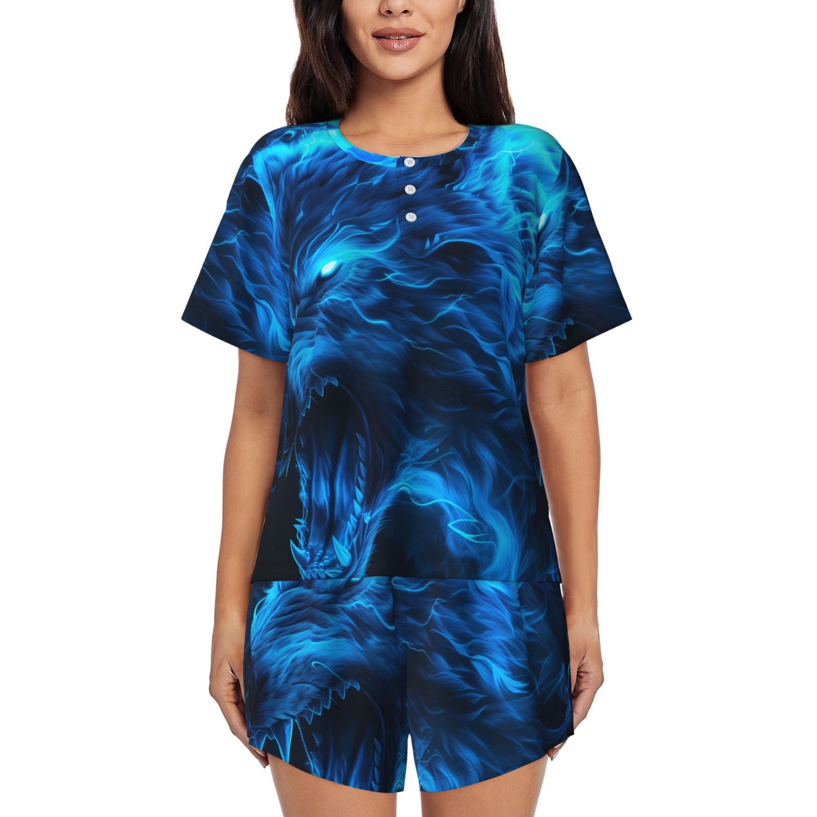 Goofa Ice Blue Fire Wolf for Womens Cotton 2 Piece Pajamas Set Classic ...