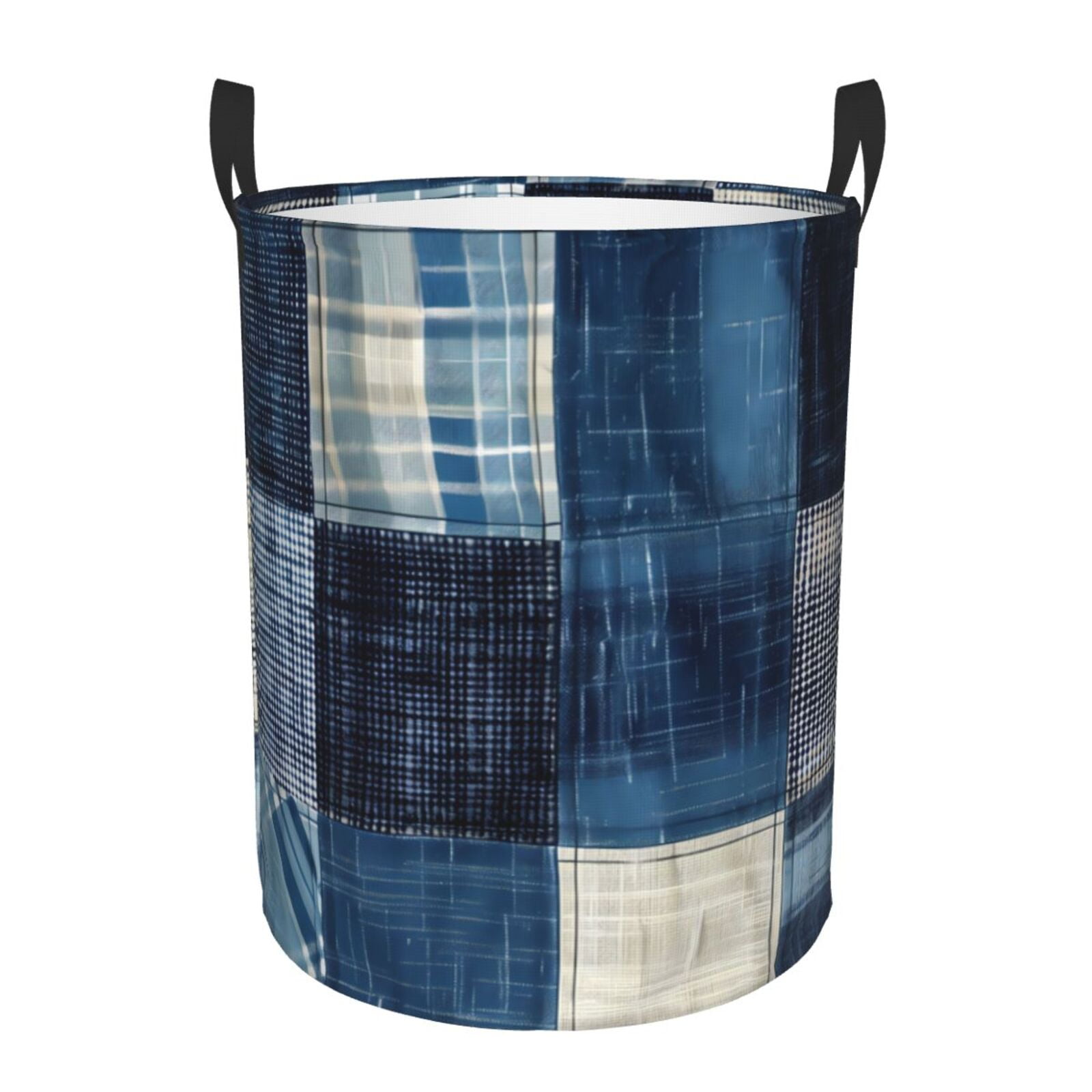 Goofa Indigo Patchwork Quilt Printed Circular Hamper,Laundry Basket with Handles,Storage Baskets ...