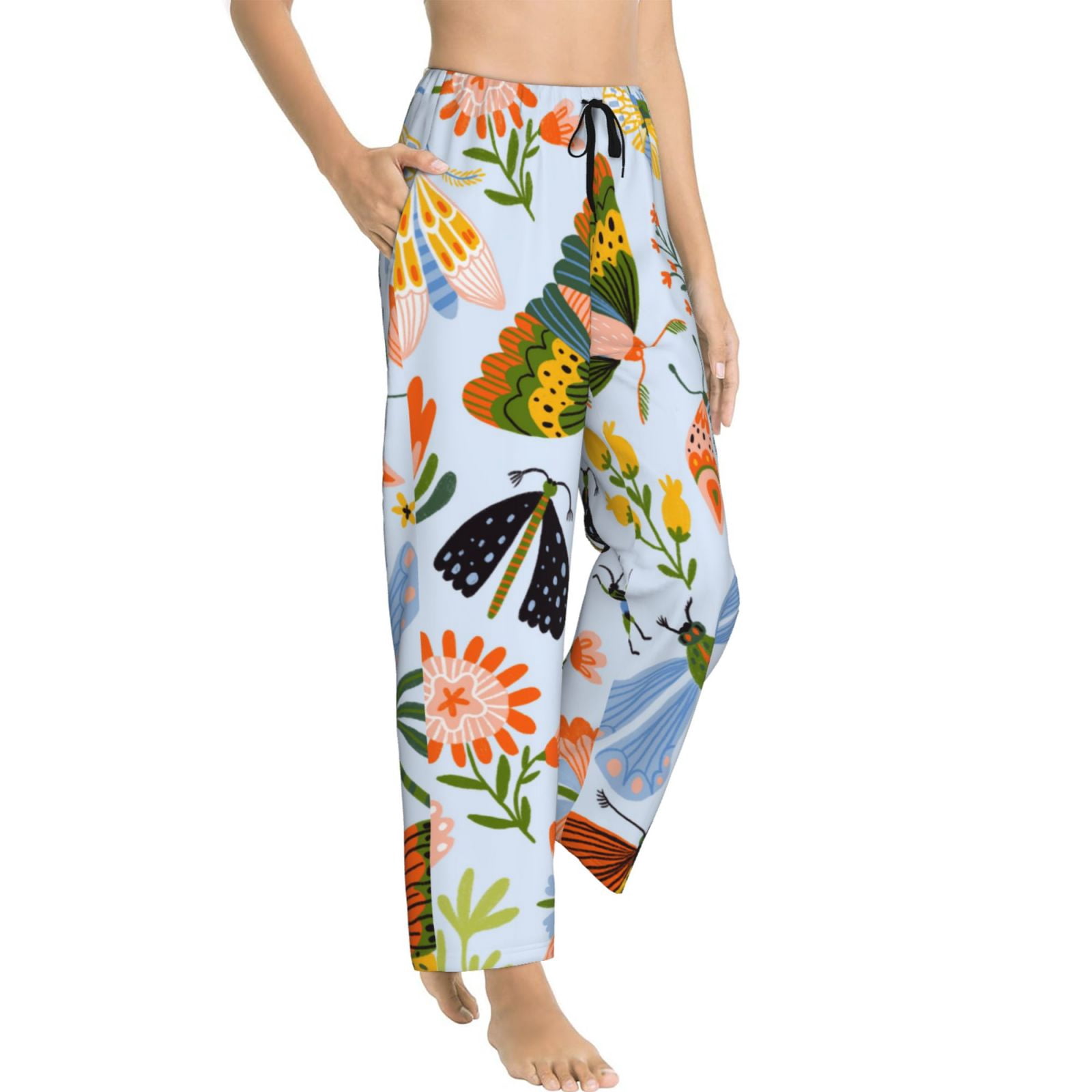 Goofa Insects and Flowers Printed Soft Pajama Pants for Women, Wide Leg ...