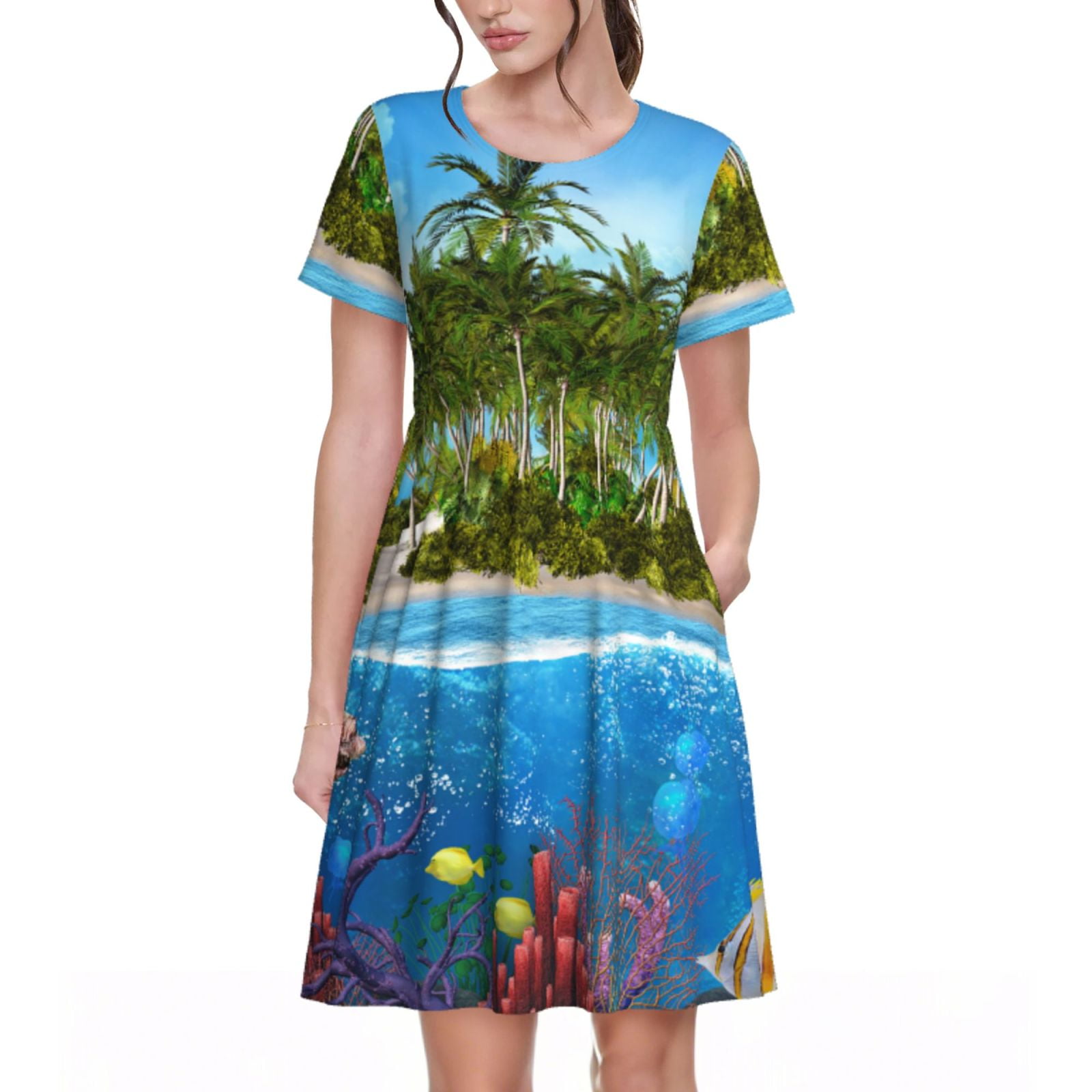 Goofa Island And Coral Reef Pattern Women Summer Short Sleeve Midi ...