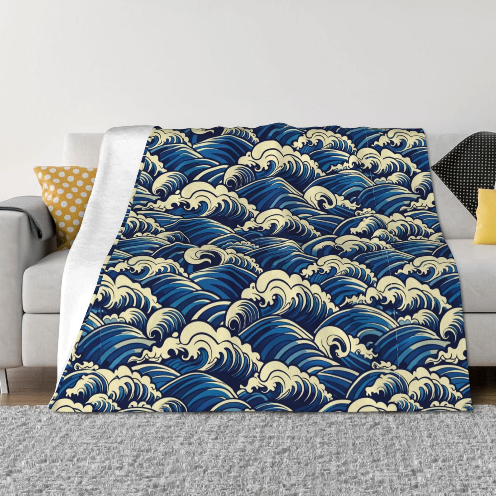 Goofa Japanese Water Wave Pattern Fleece Throw Blanket for Couch, Soft ...