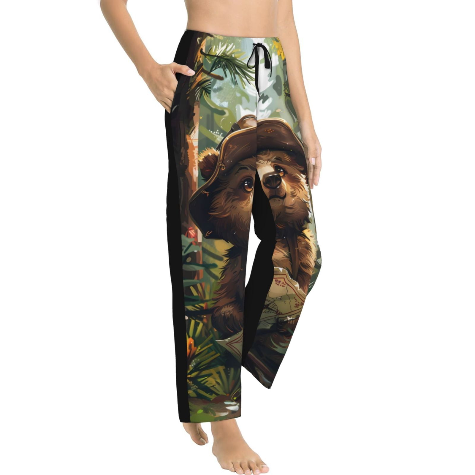 Goofa Jungle Hat Bear Printed Soft Pajama Pants for Women, Wide Leg ...