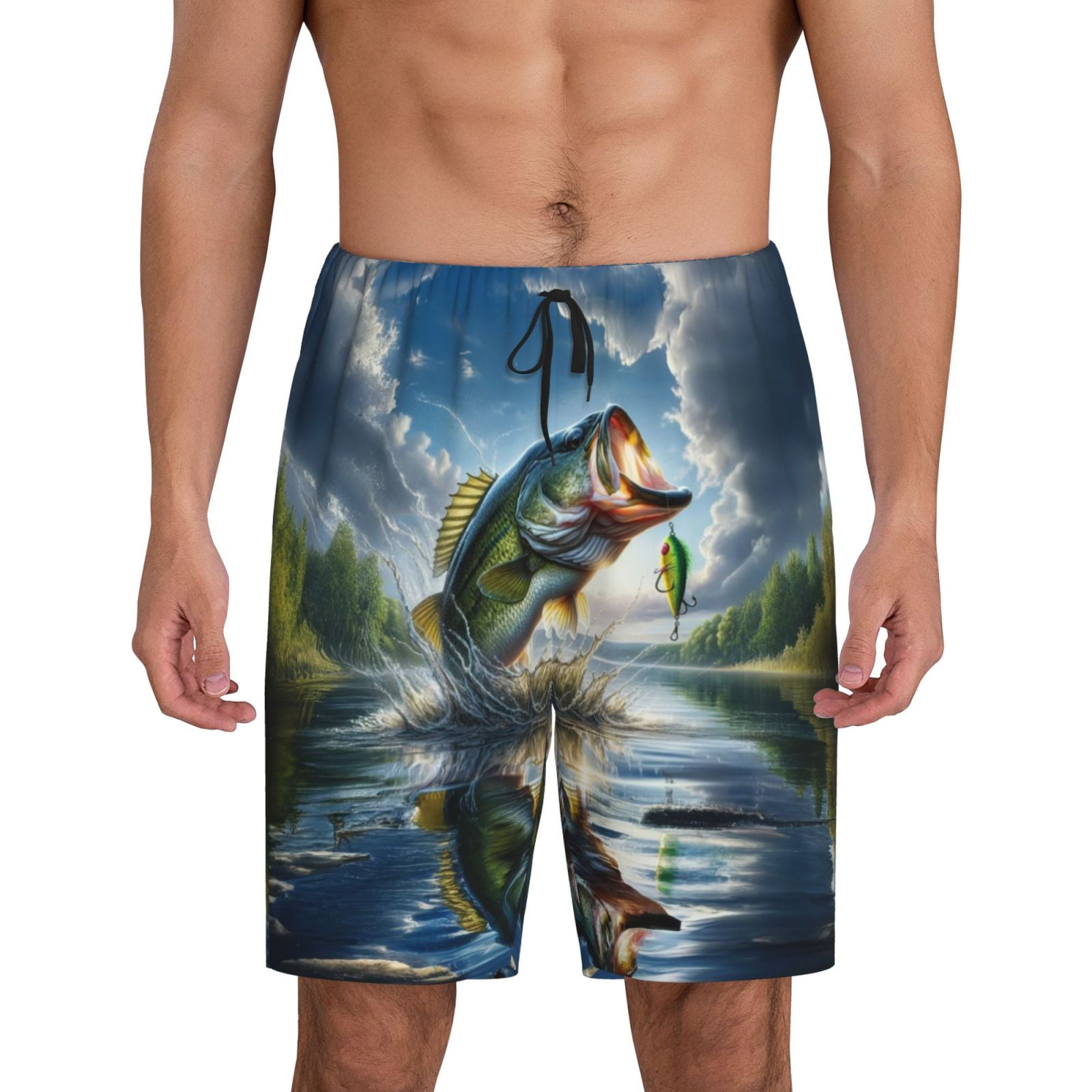 Goofa Largemouth Bass Jumping Out of The Water Pattern Men's Pajama Short Sleep Shorts Soft ...