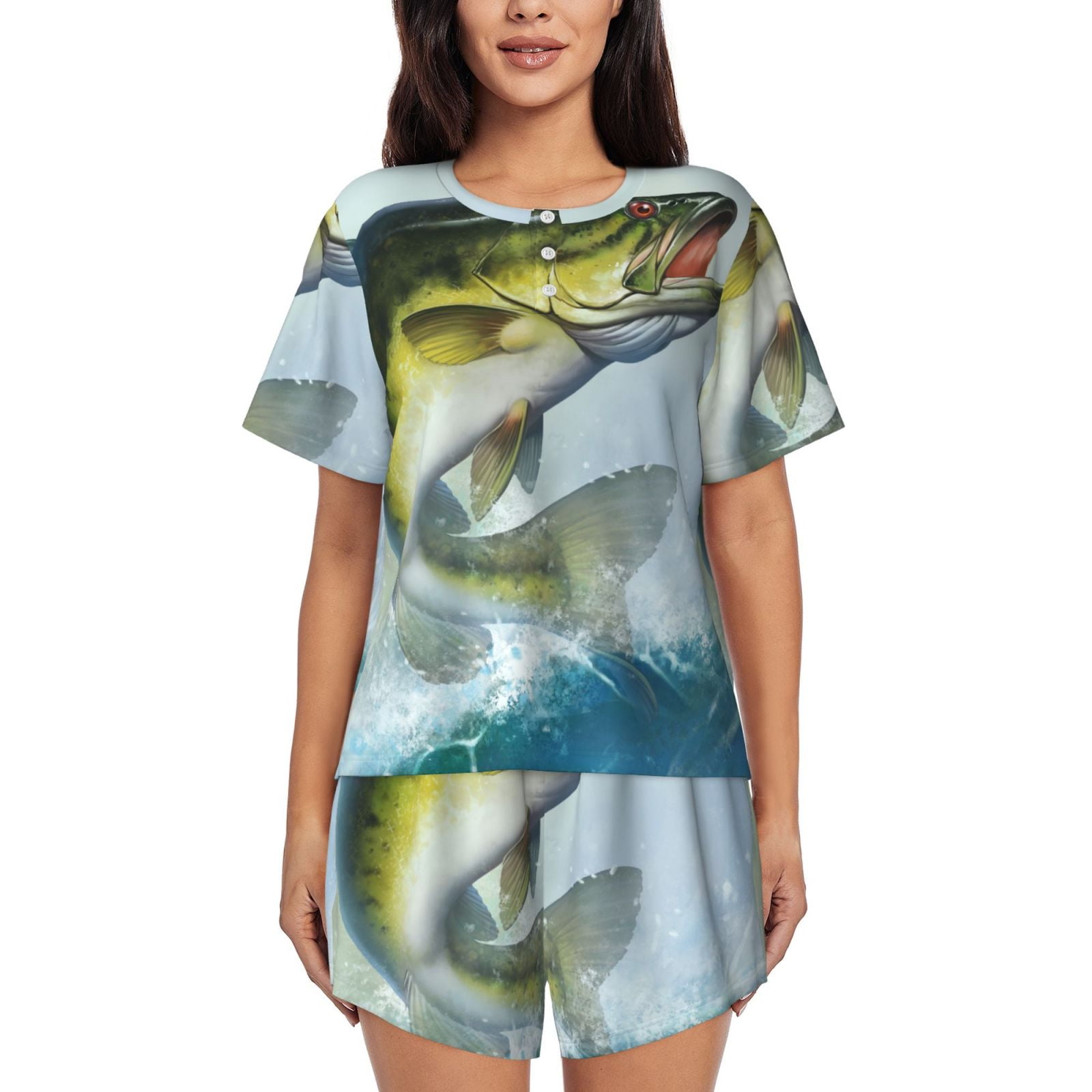 Goofa Largemouth Bass jumps out of water for Womens Cotton 2 Piece Pajamas Set Classic Short ...