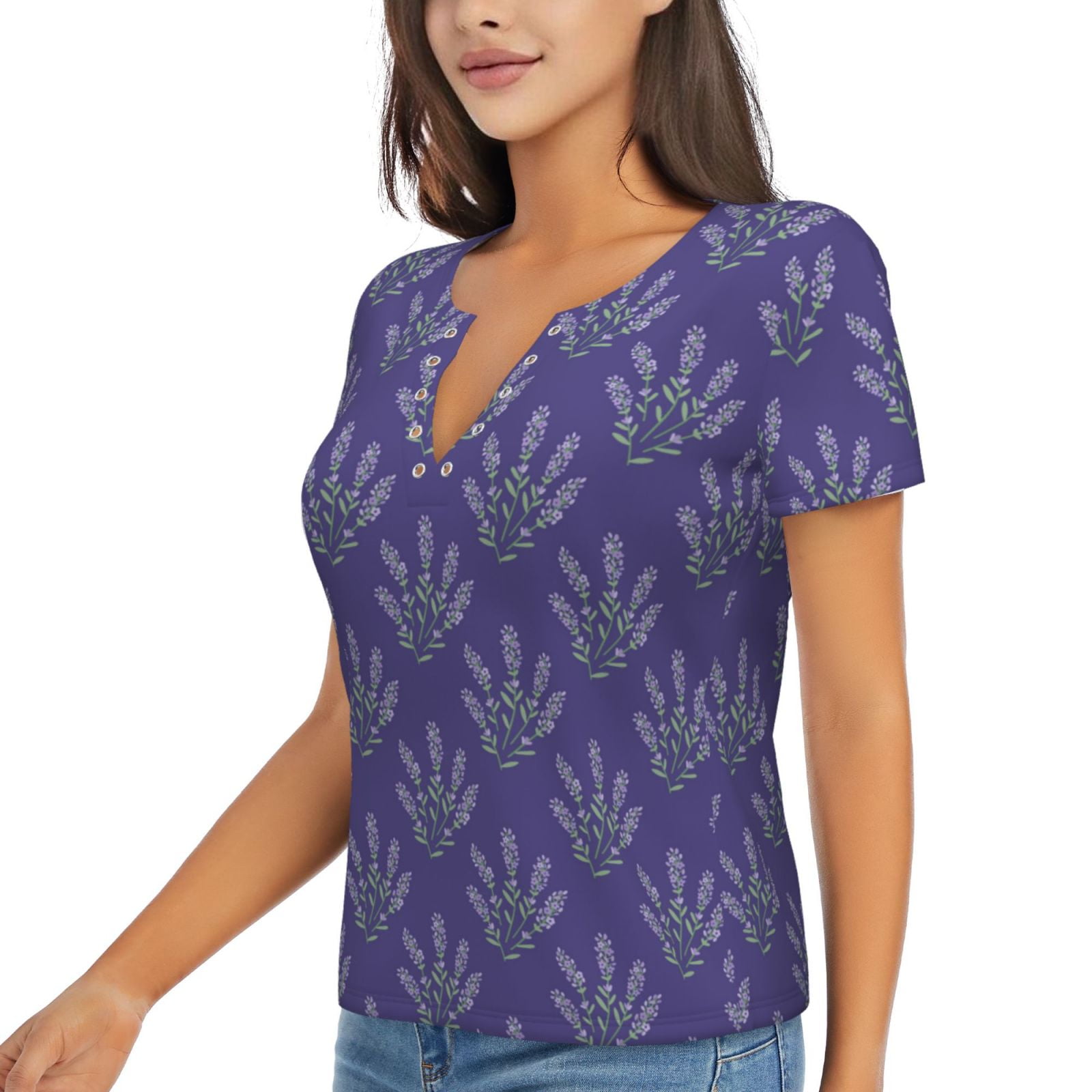 Goofa Lavender Flowers Pattern Womens Deep V Neck Low Cut Tops Casual ...