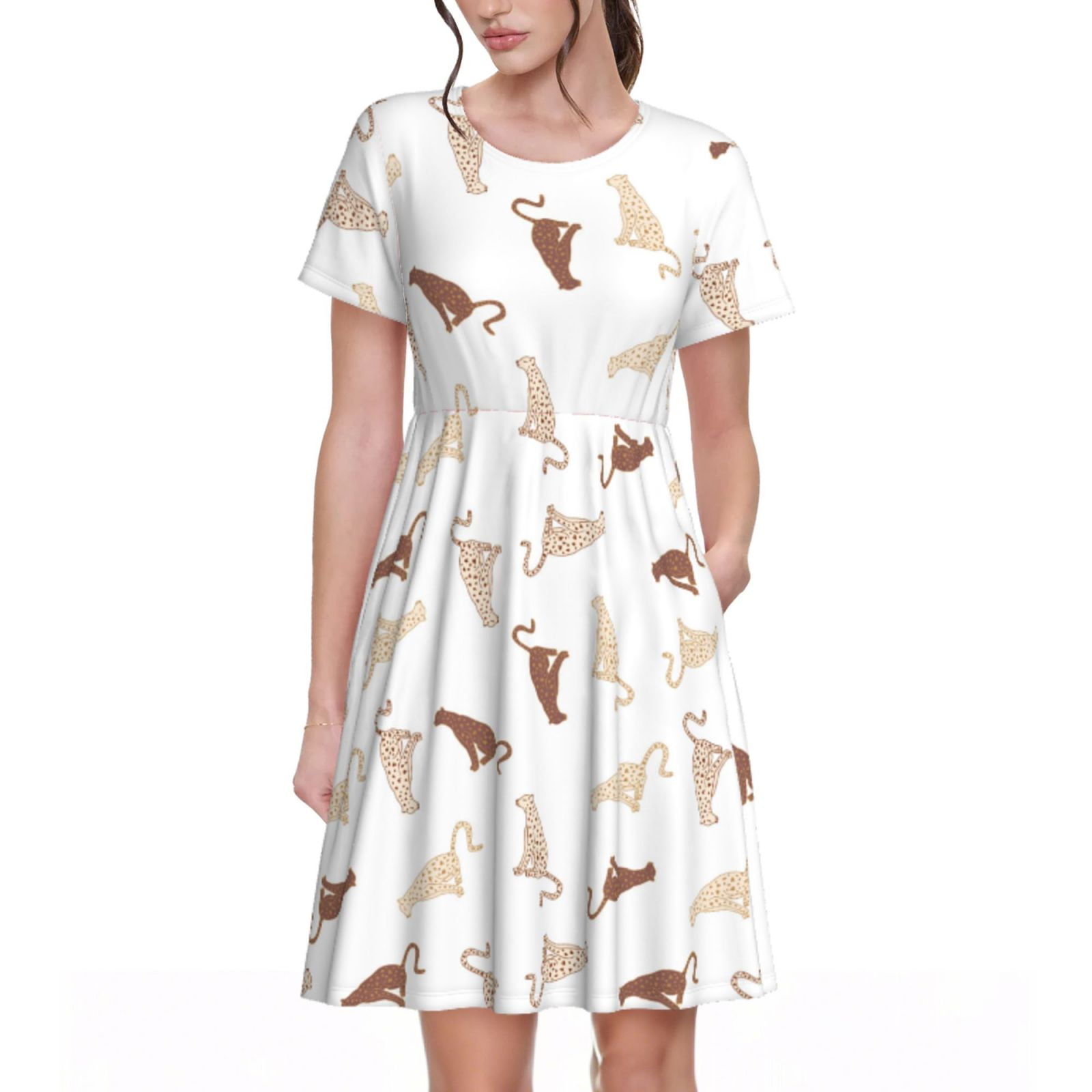Goofa Leopard Print Pattern Women Summer Short Sleeve Midi Dress with Pockets Casual Aline Flowy ...
