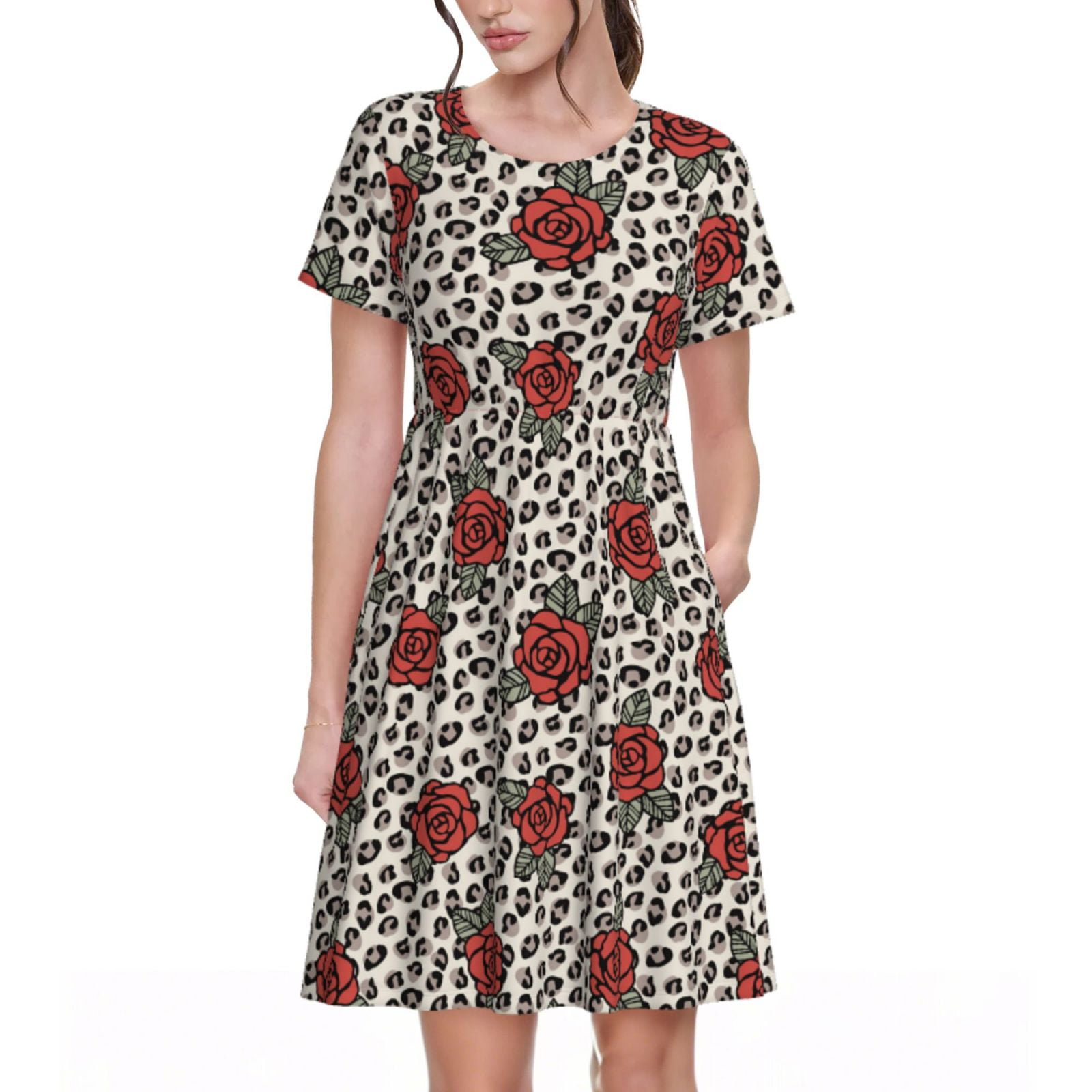 Goofa Leopard Print Rose Pattern Women Summer Short Sleeve Midi Dress ...