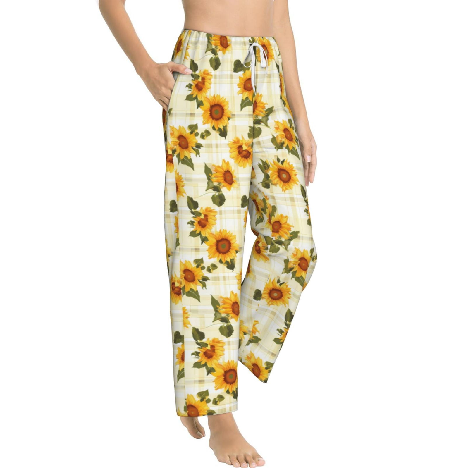Goofa Light Green Plaid Sunflower Printed Soft Pajama Pants for Women ...