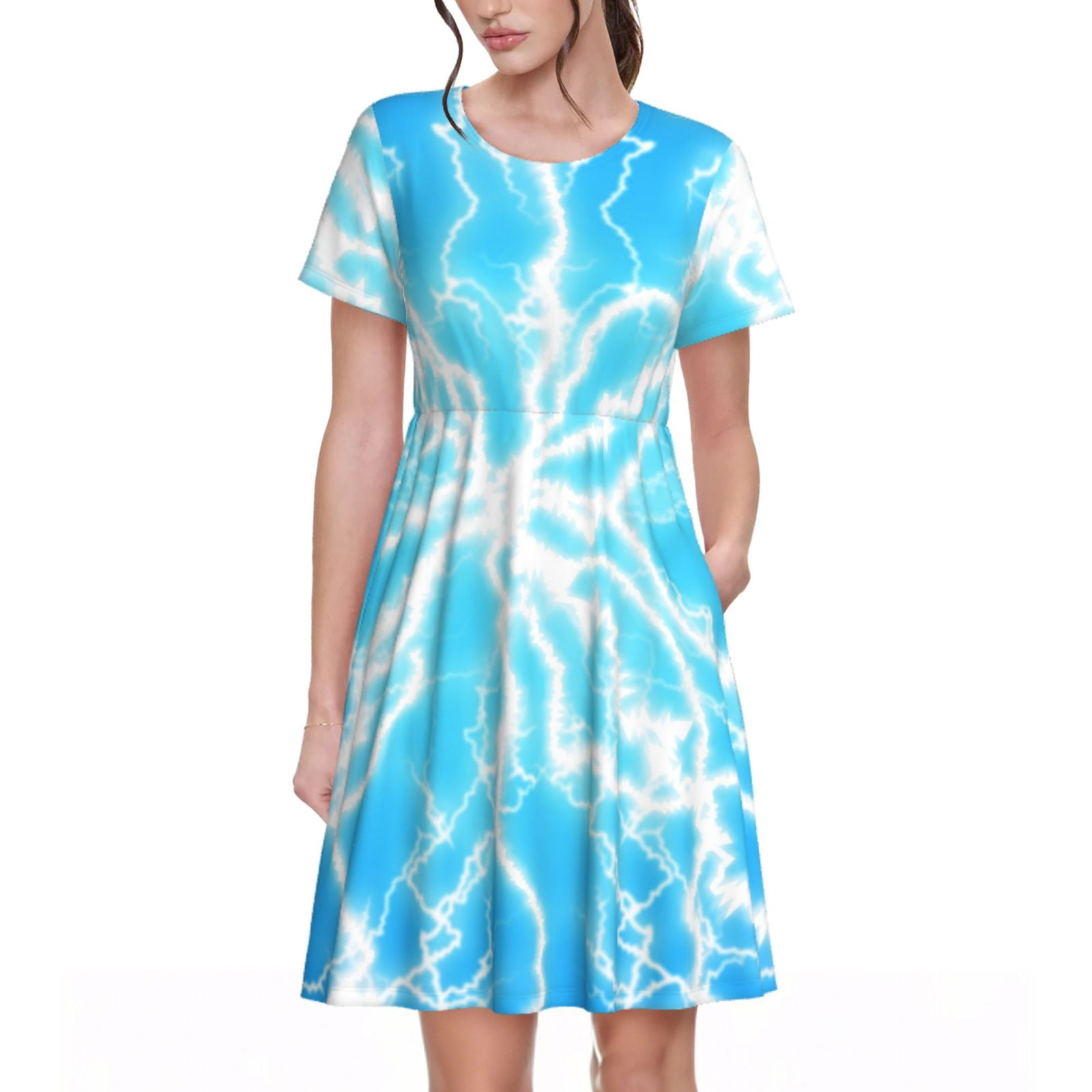 Goofa Light blue flash Pattern Women Summer Short Sleeve Midi Dress ...