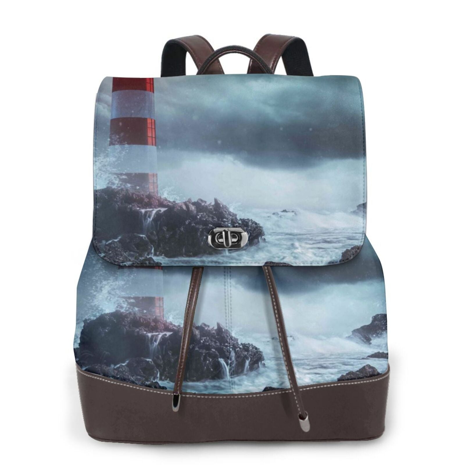 Goofa Lighthouse in a Stormy Sea for Leather Backpack Purse for Women ...