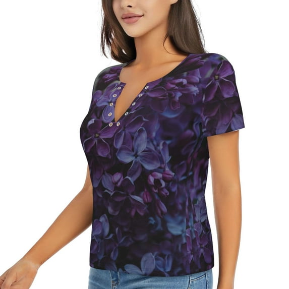 Goofa Lilac Pattern Womens Deep V Neck Low Cut Tops Casual Summer Short ...