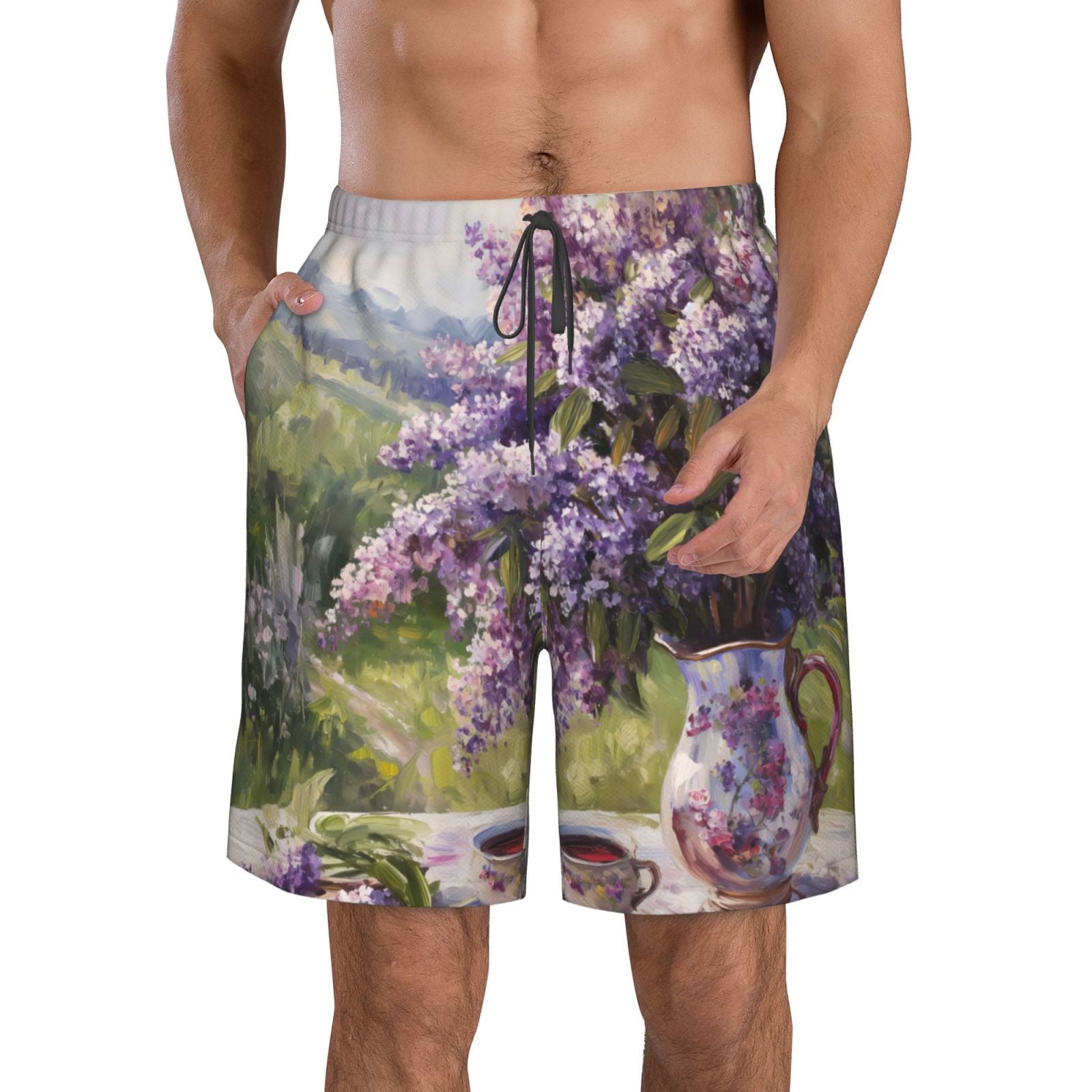 Goofa Lilacs Teapot Scenic Painting Printed Mens Swim Trunks Summer ...
