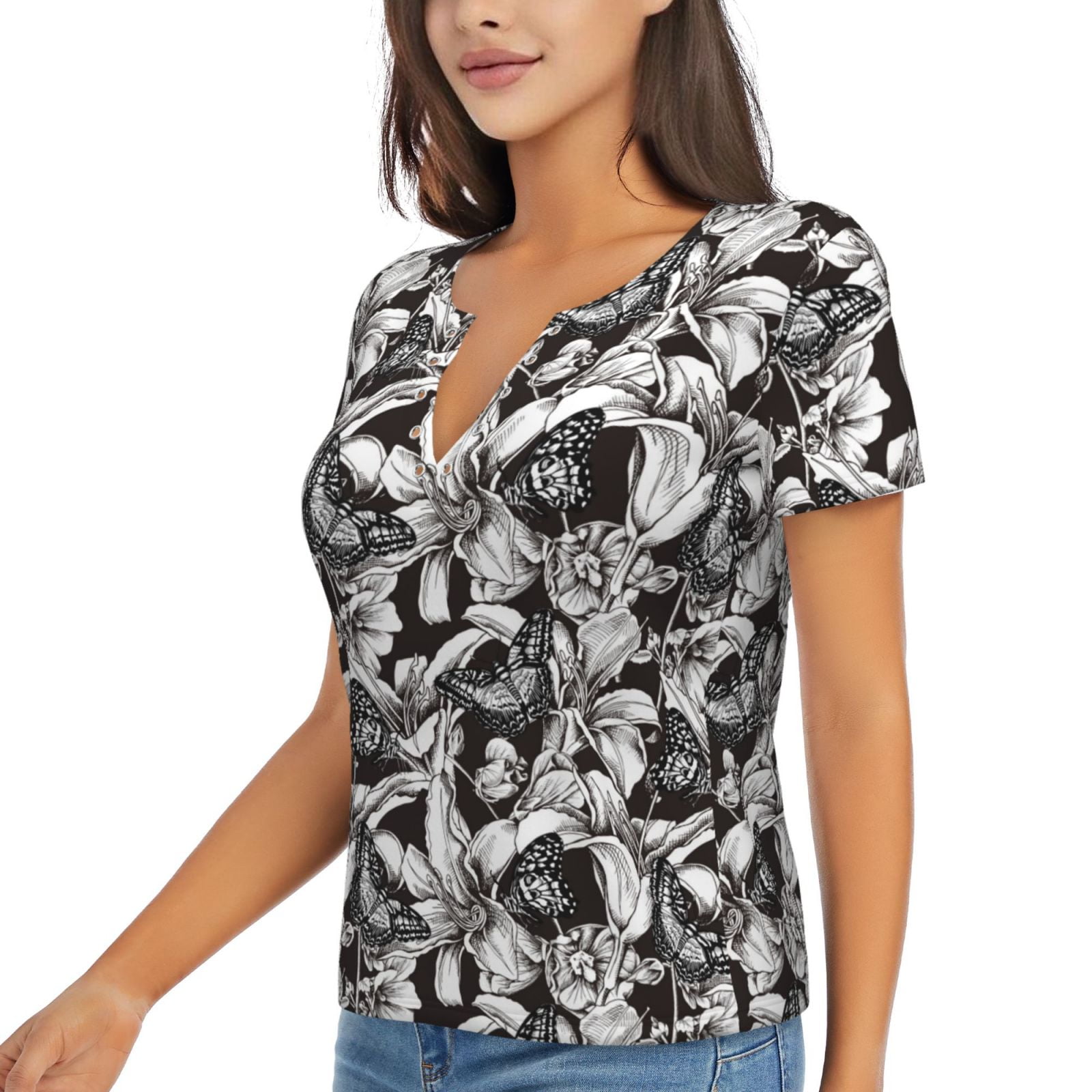 Goofa Lilies Flowers Pattern Womens Deep V Neck Low Cut Tops Casual ...