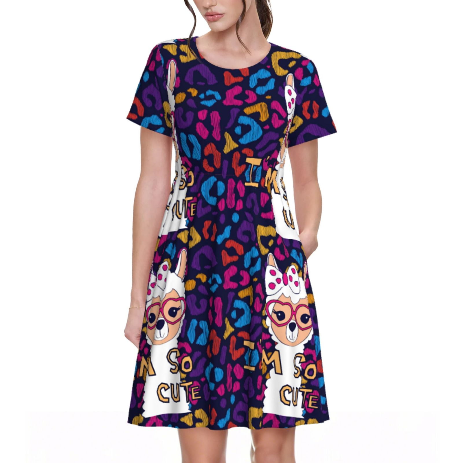 Goofa Llama Alpaca Pattern Women Summer Short Sleeve Midi Dress with Pockets Casual Aline Flowy ...