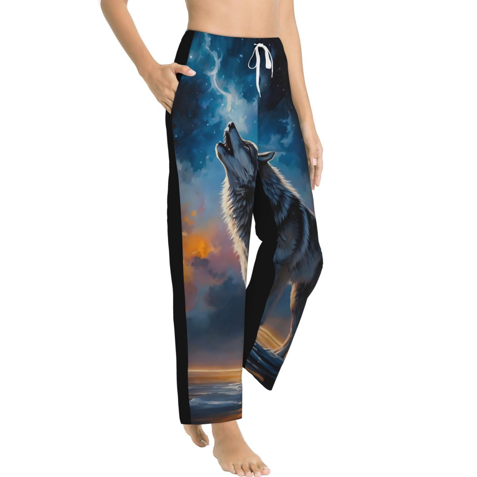 Goofa Lonely Night Sky Wolf Printed Soft Pajama Pants for Women, Wide ...