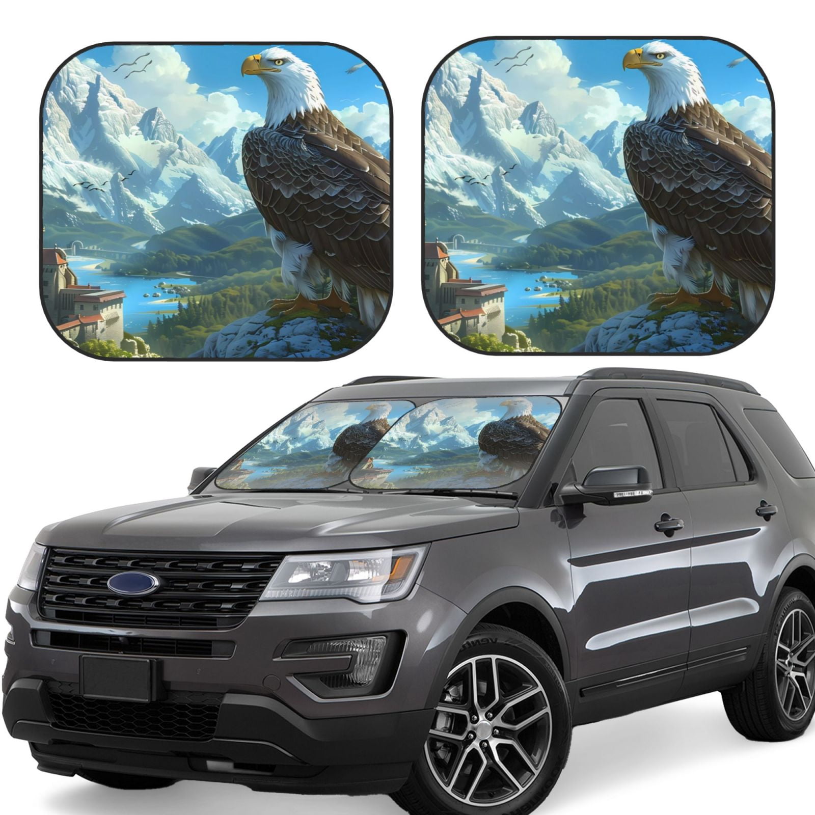 Goofa Majestic Eagle Over Castle Pattern 2 Piece Car Windshield Sun Shade Foldable | Front ...