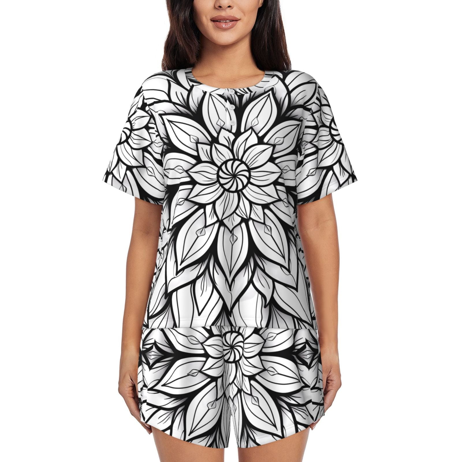 Goofa Mandala Floral Line Art for Womens Cotton 2 Piece Pajamas Set ...