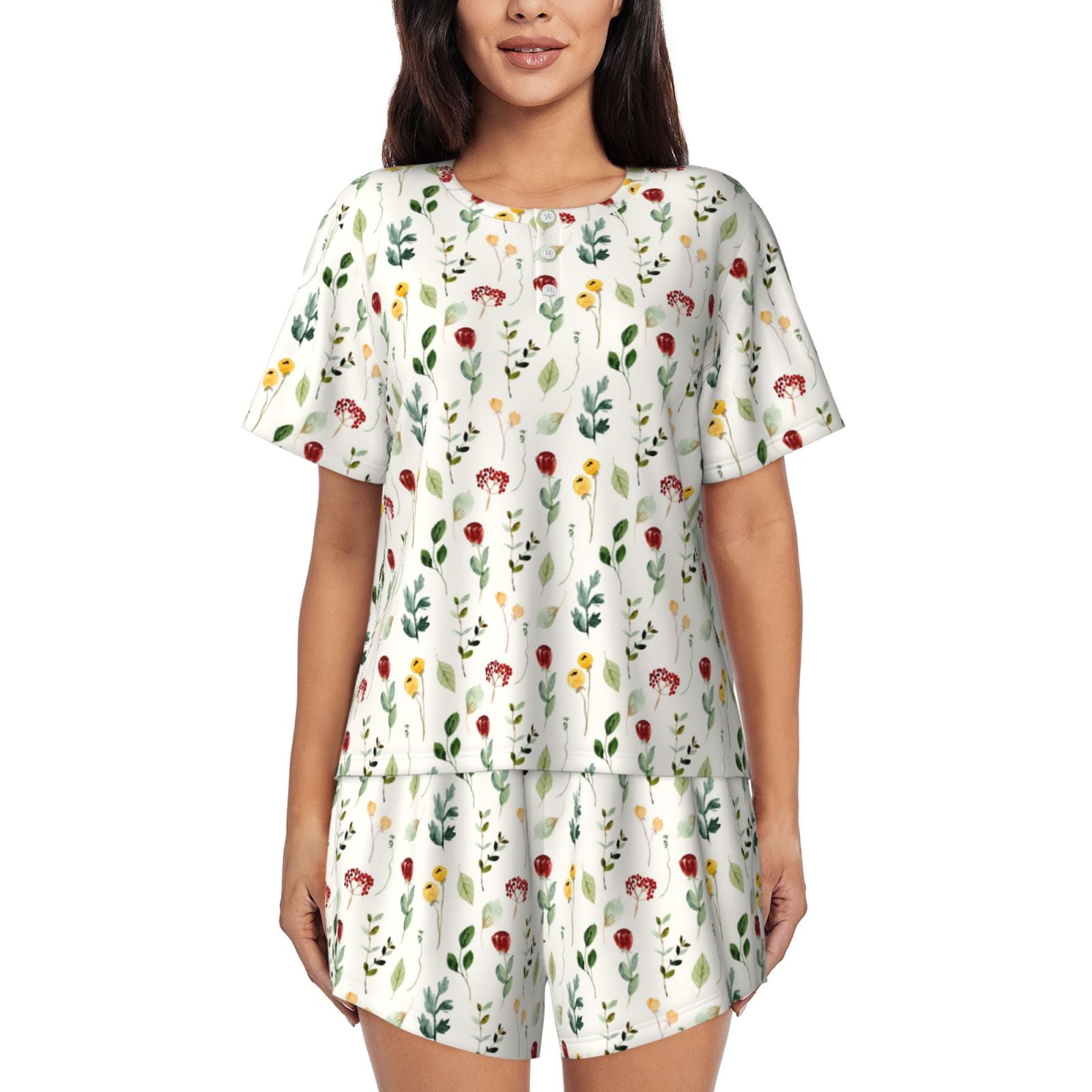 Goofa Mini Wildflower Watercolor for Womens Cotton 2 Piece Pajamas Set ...