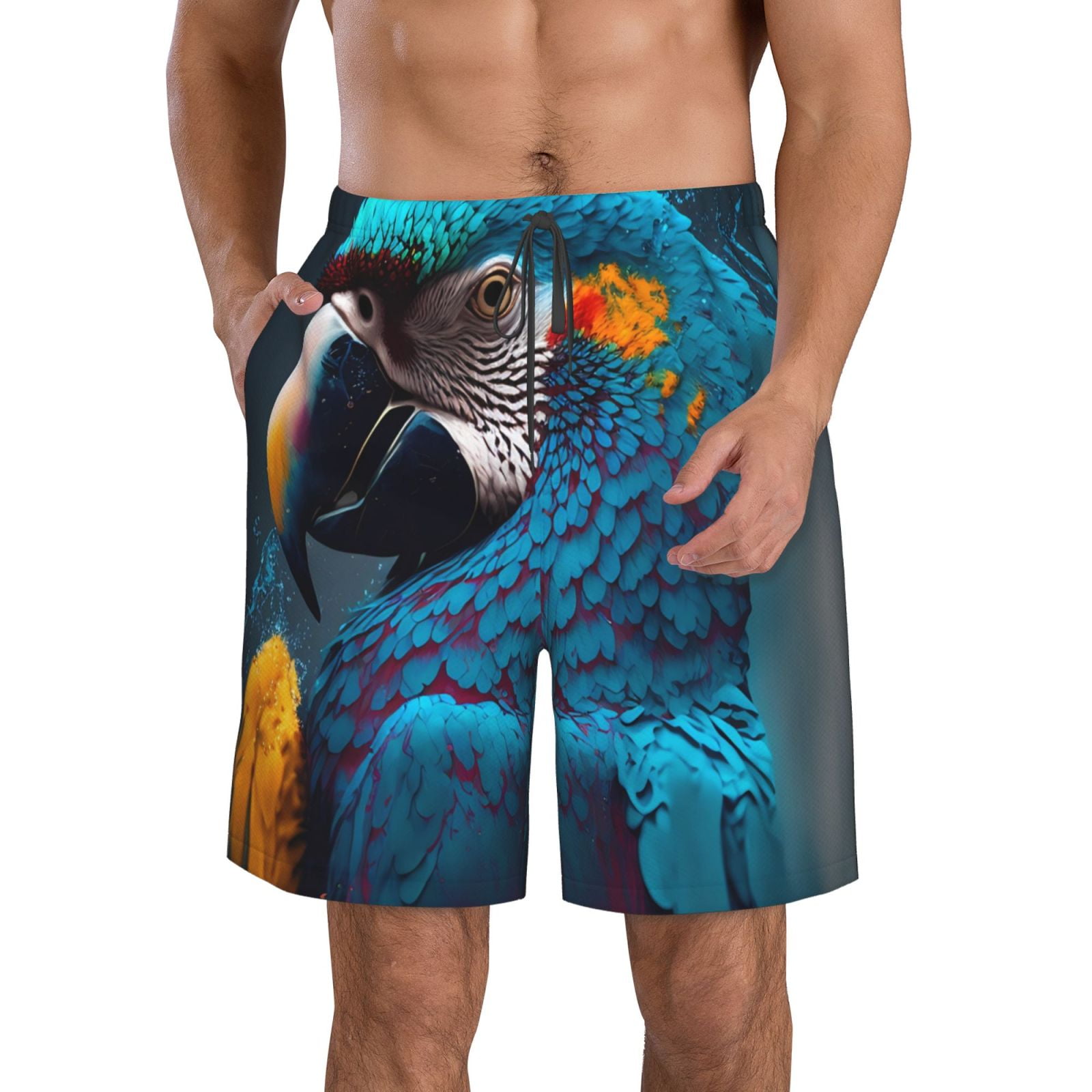 Goofa Modern Style Blue Parrot Printed Mens Swim Trunks Summer Quick ...