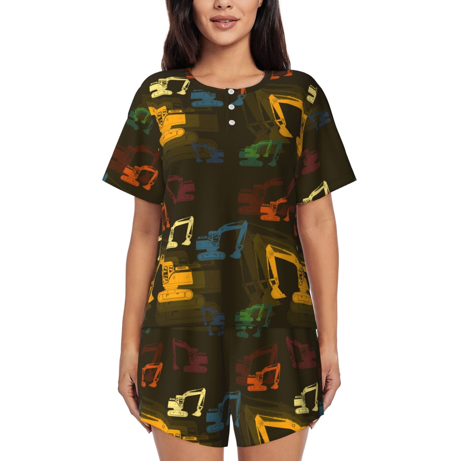 Goofa Monochrome Excavators for Womens Cotton 2 Piece Pajamas Set ...