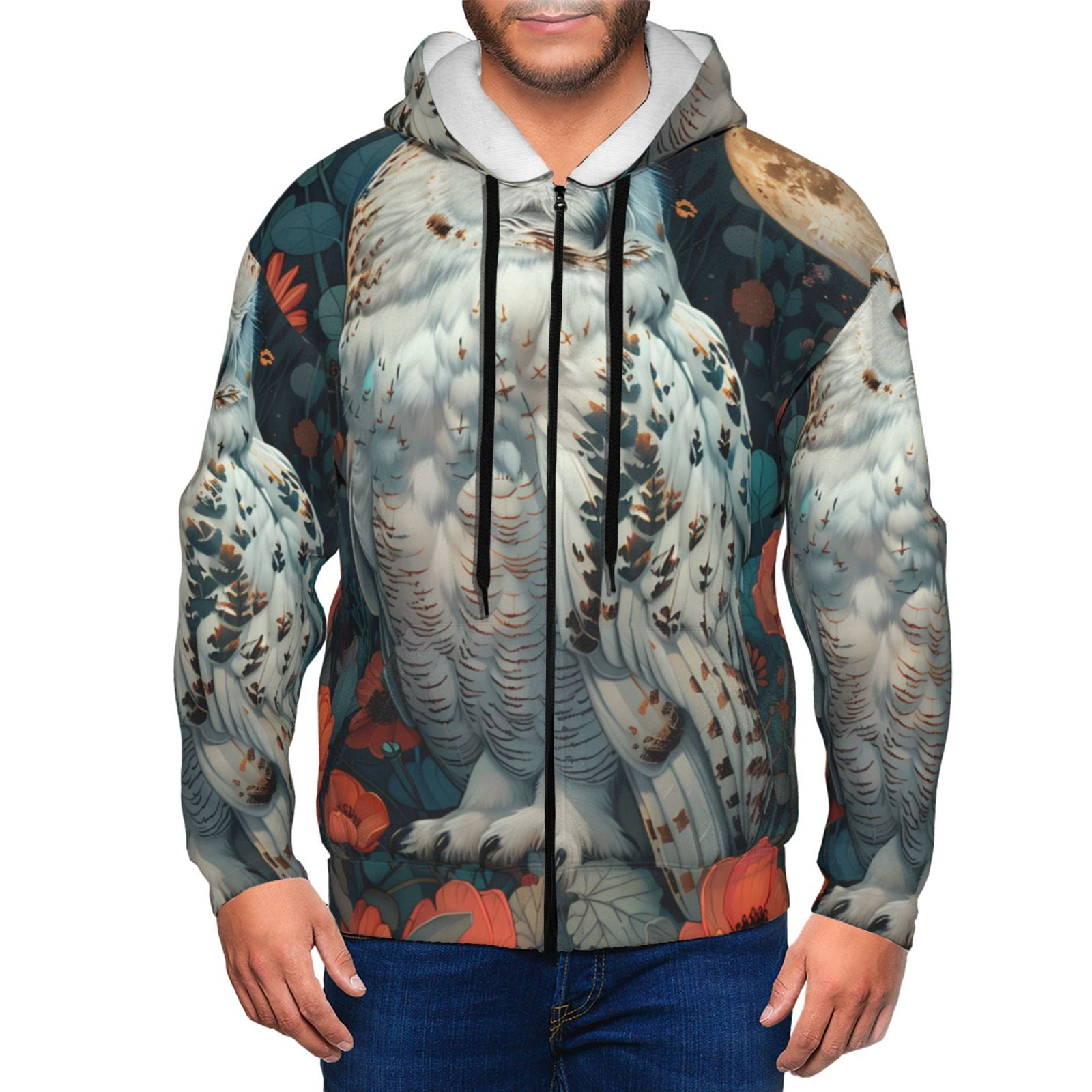 Goofa Moon Flower White Owl Pattern Mens Full-zip Hoodie, Zip-up ...