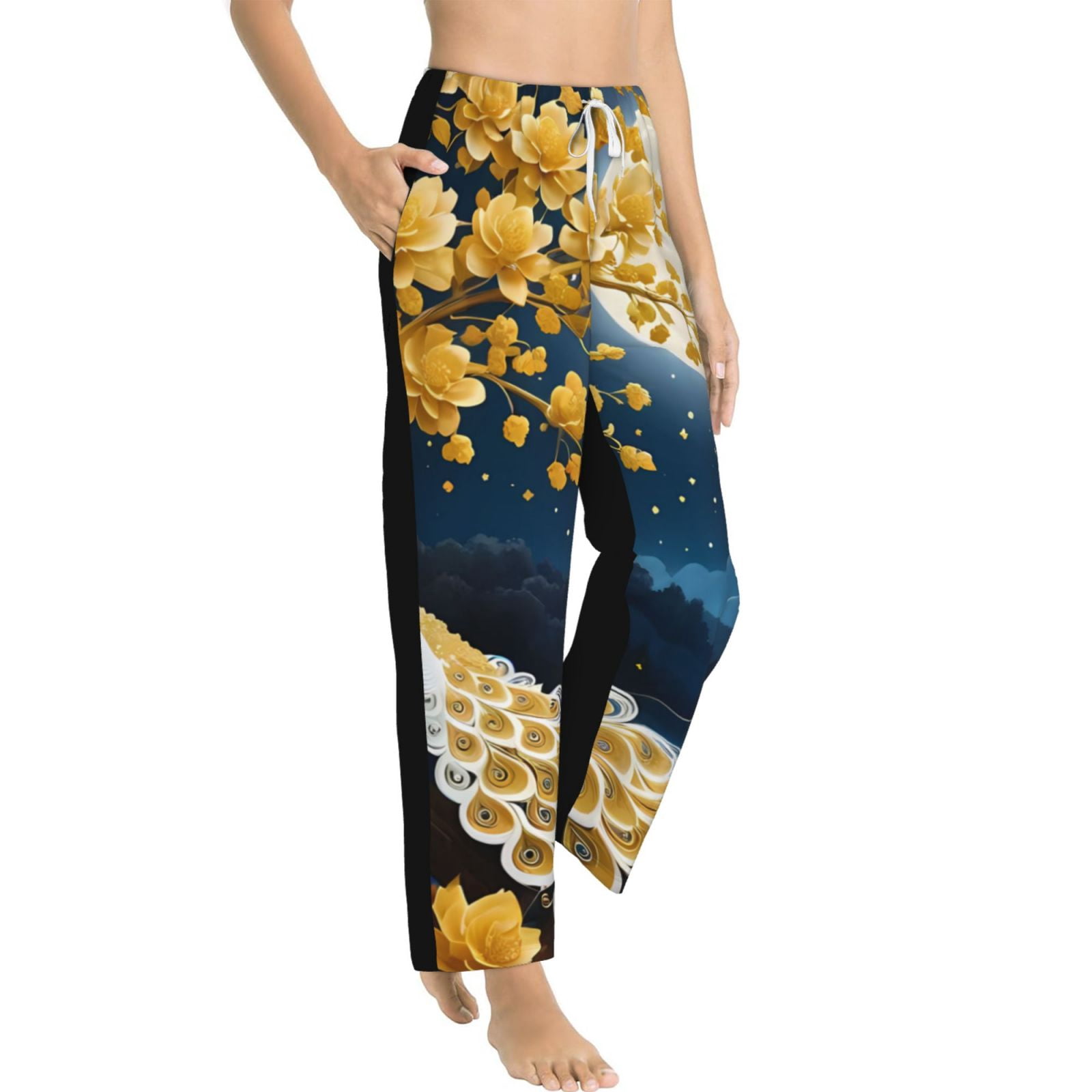Goofa Moonlit Golden Tree Peacock Printed Soft Pajama Pants for Women ...
