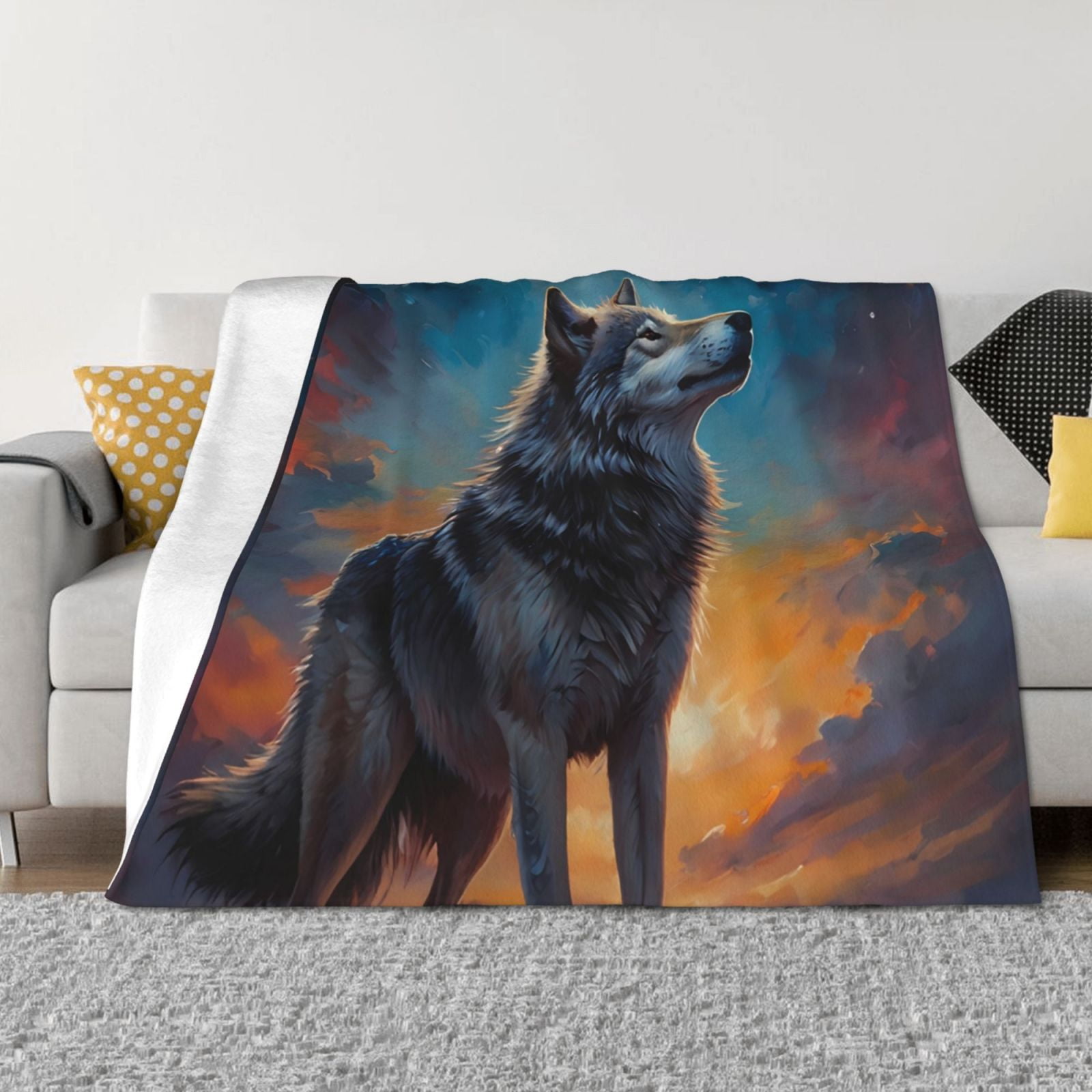 Goofa Moonlit Night Sky Wolf Pattern Fleece Throw Blanket for Couch ...