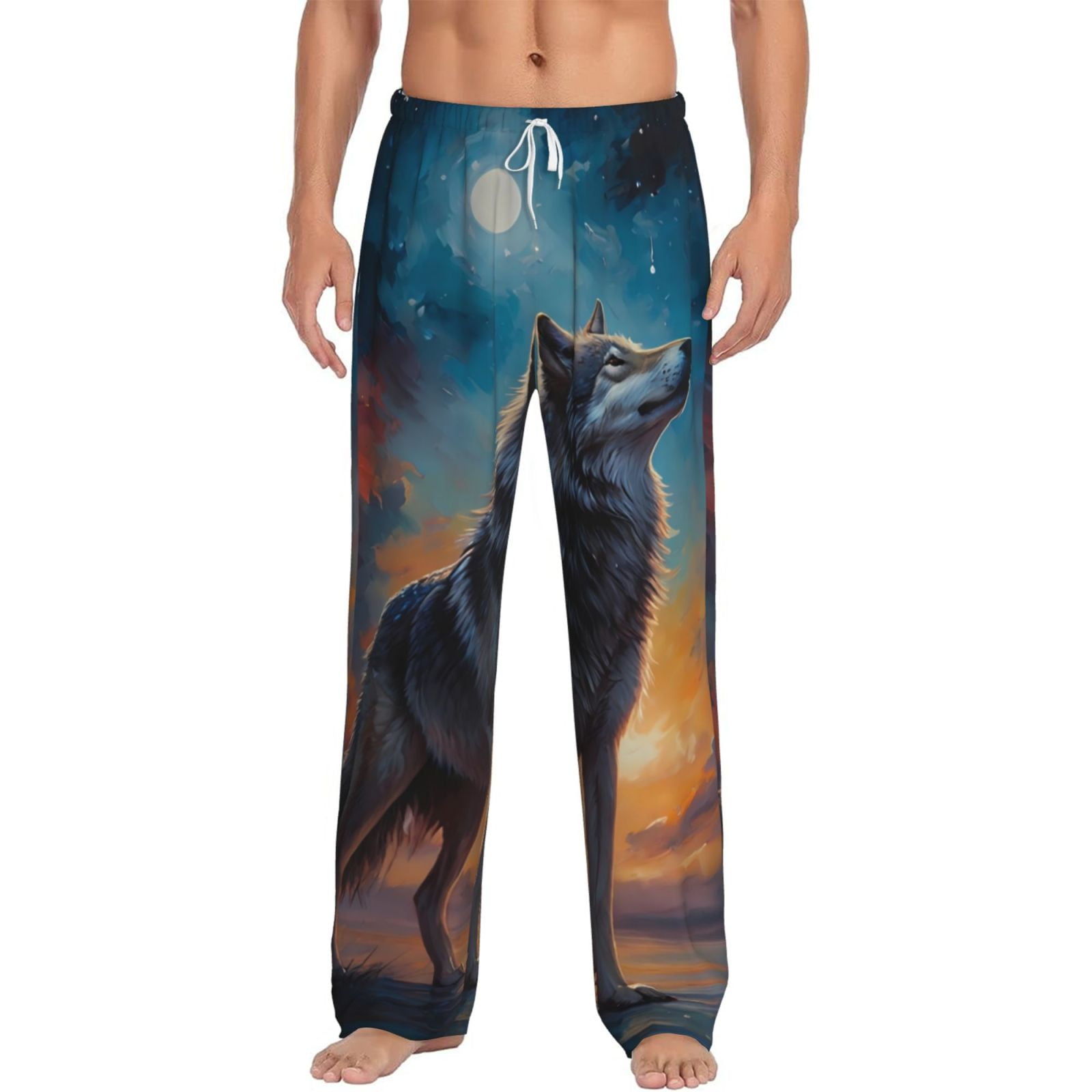 Goofa Moonlit Night Sky Wolf Pattern Printed Soft Pajama Pants for Men ...