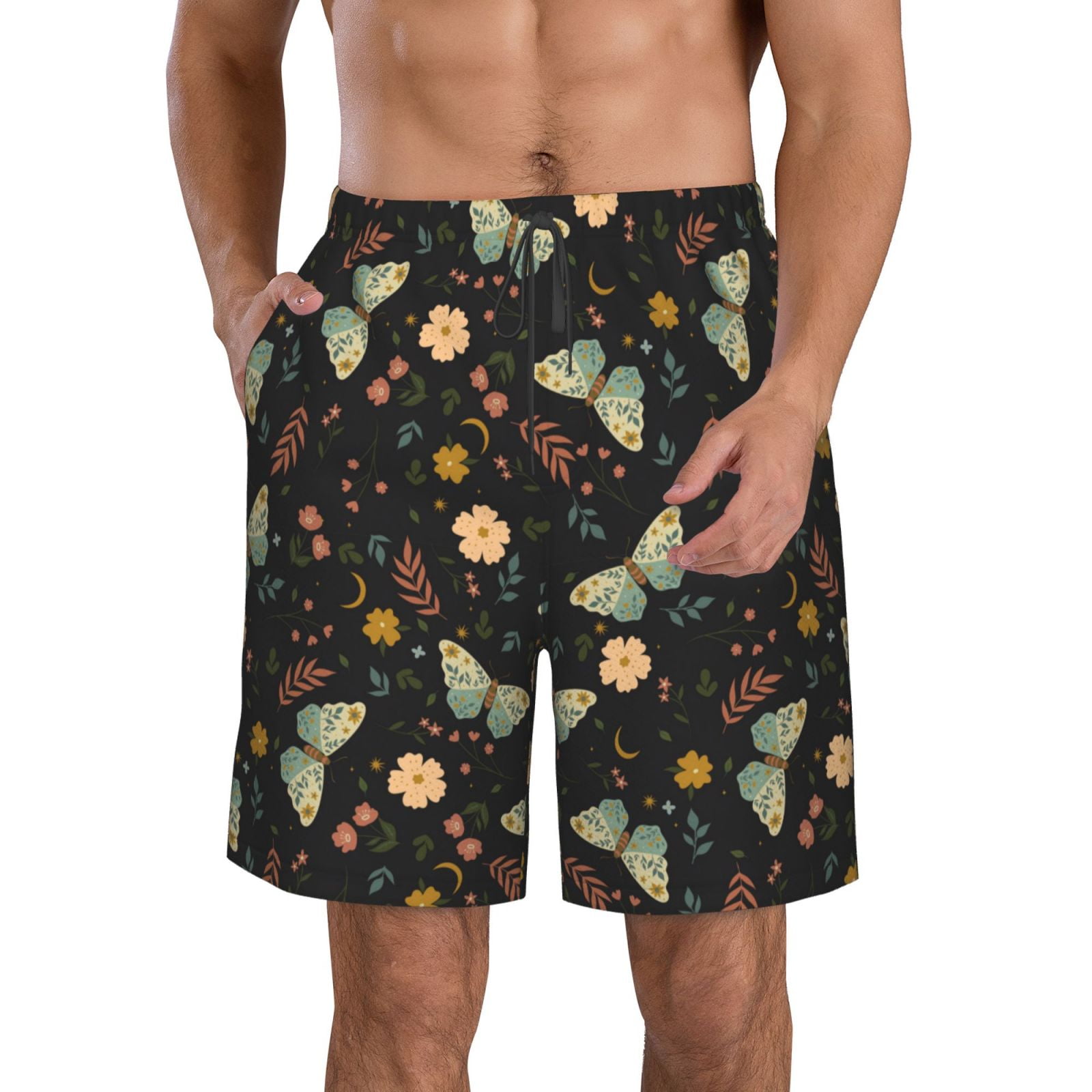 Goofa Moth And Flowers Printed Mens Swim Trunks Summer Quick Dry Short ...