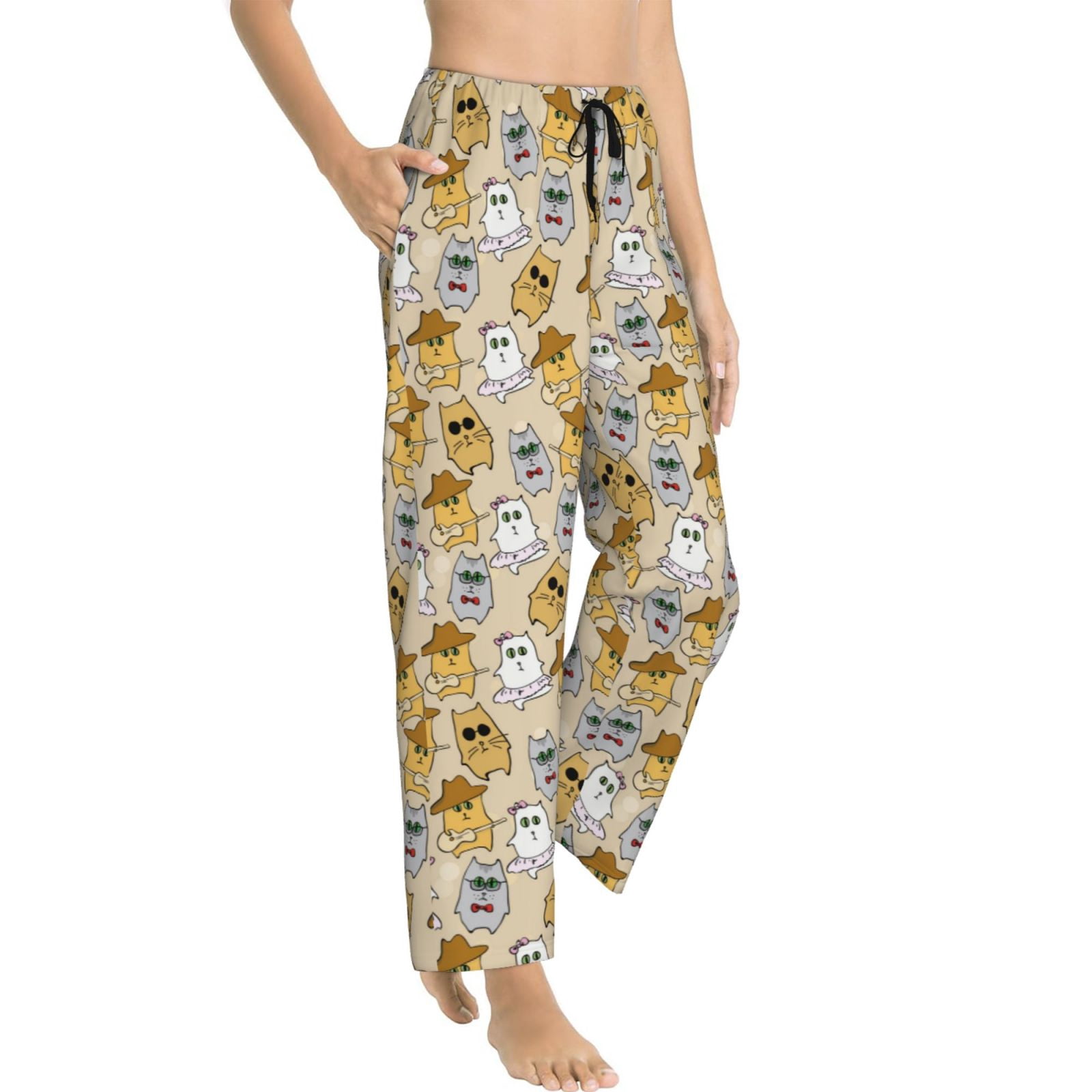 Goofa Music Dancing Cat Printed Soft Pajama Pants for Women, Wide Leg ...