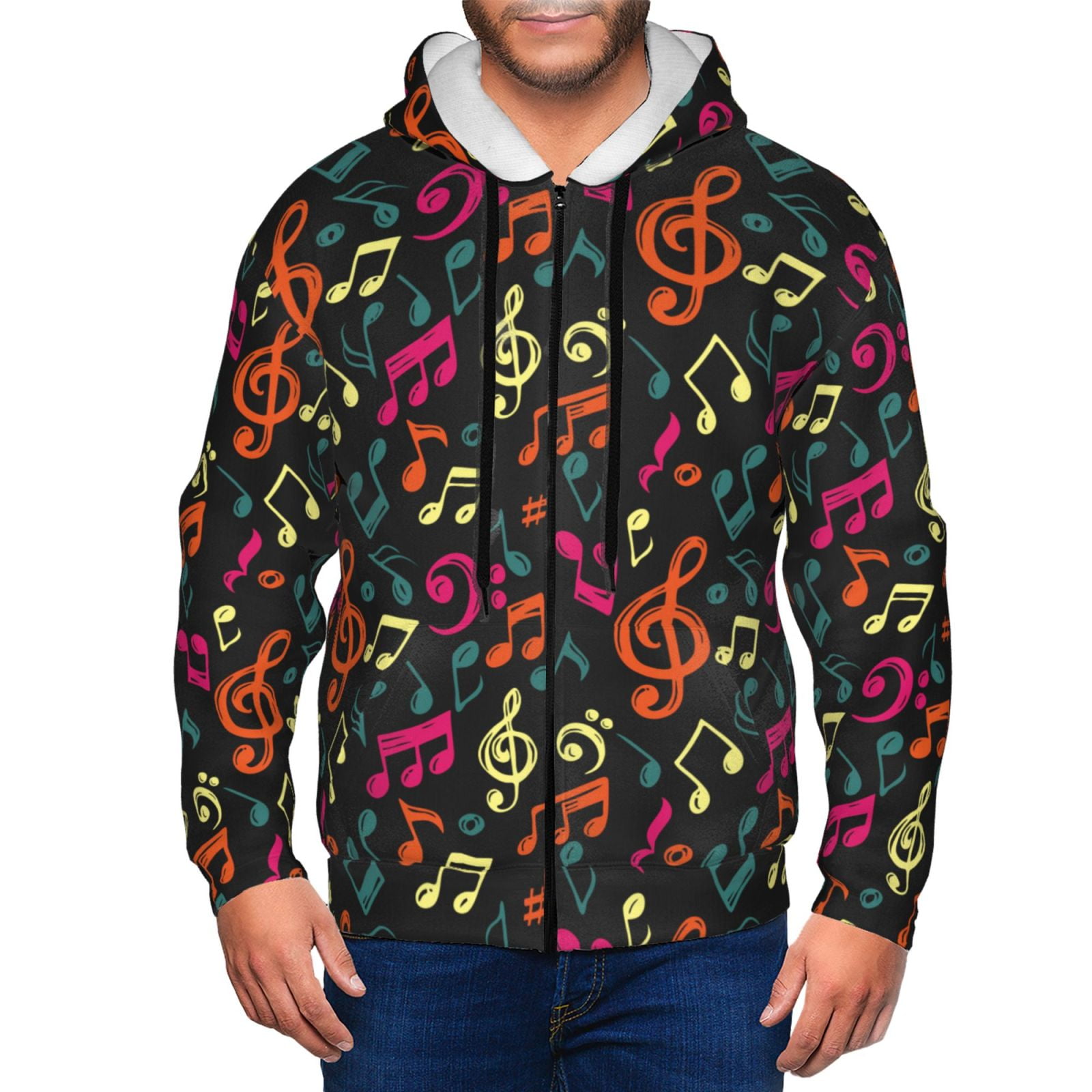 Goofa Music Notes Pattern Mens Full-zip Hoodie, Zip-up Pullover Hooded ...