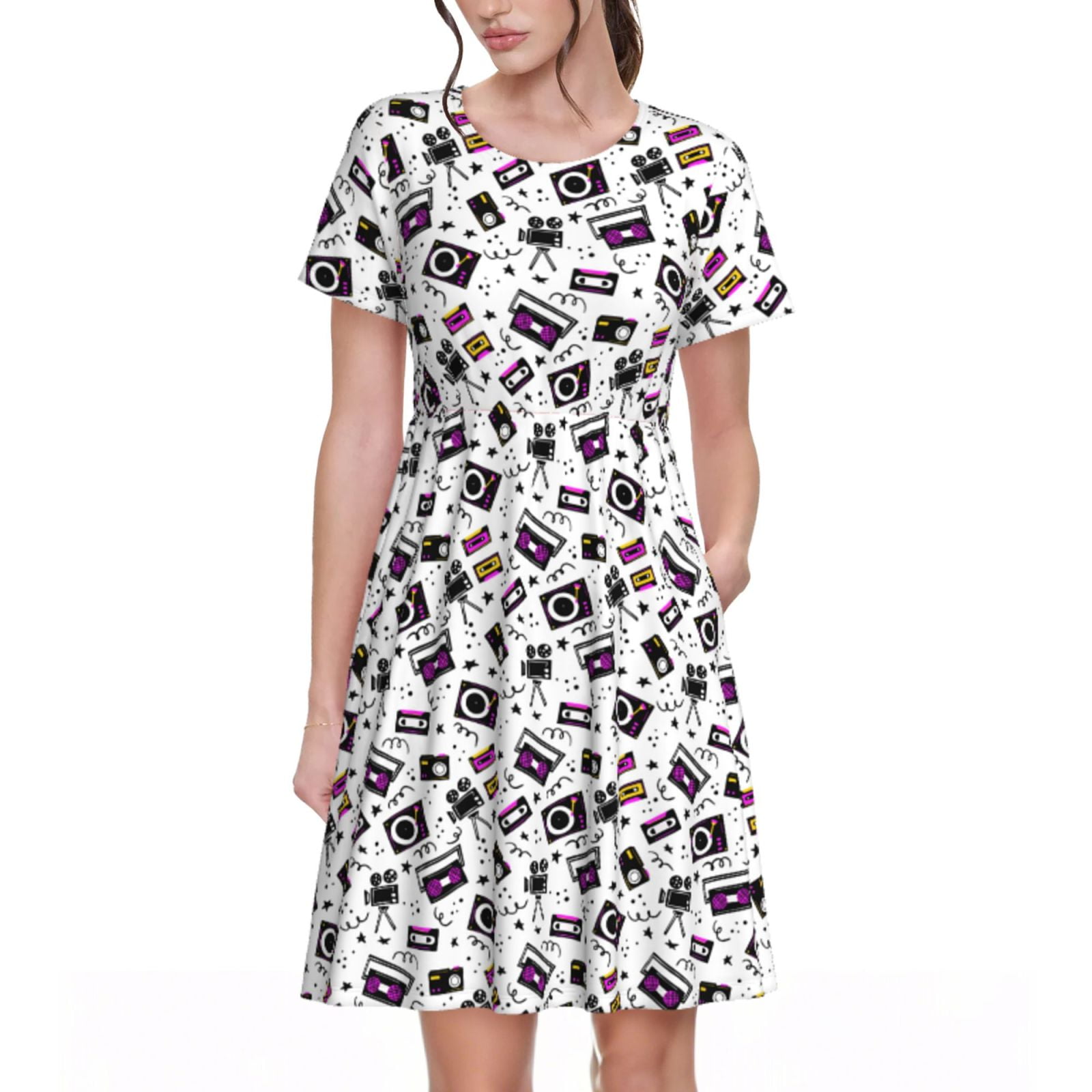 Goofa Music Player Pattern Women Summer Short Sleeve Midi Dress with ...