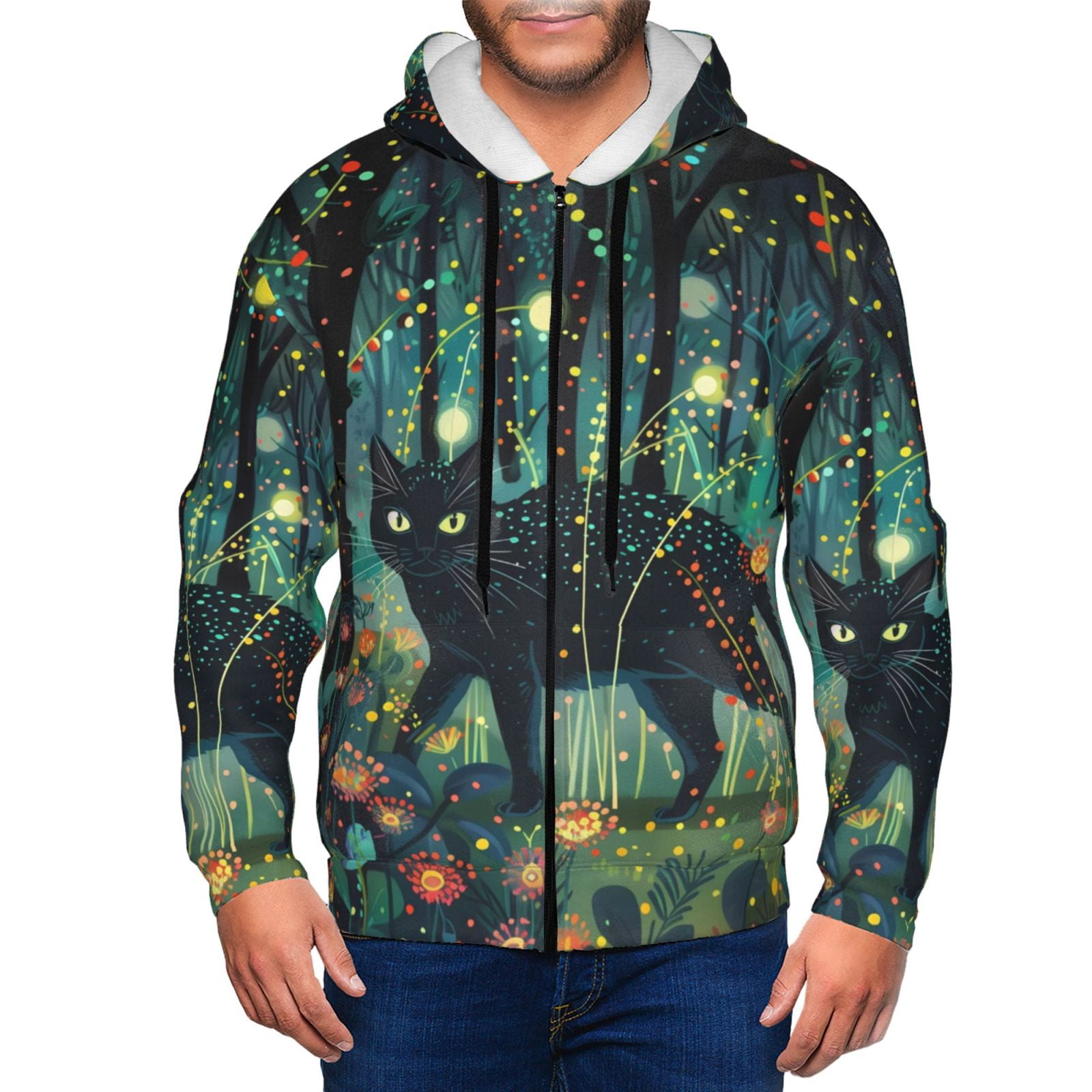 Goofa Mystical Black Cat Fireflies Pattern Mens Full-zip Hoodie, Zip-up ...