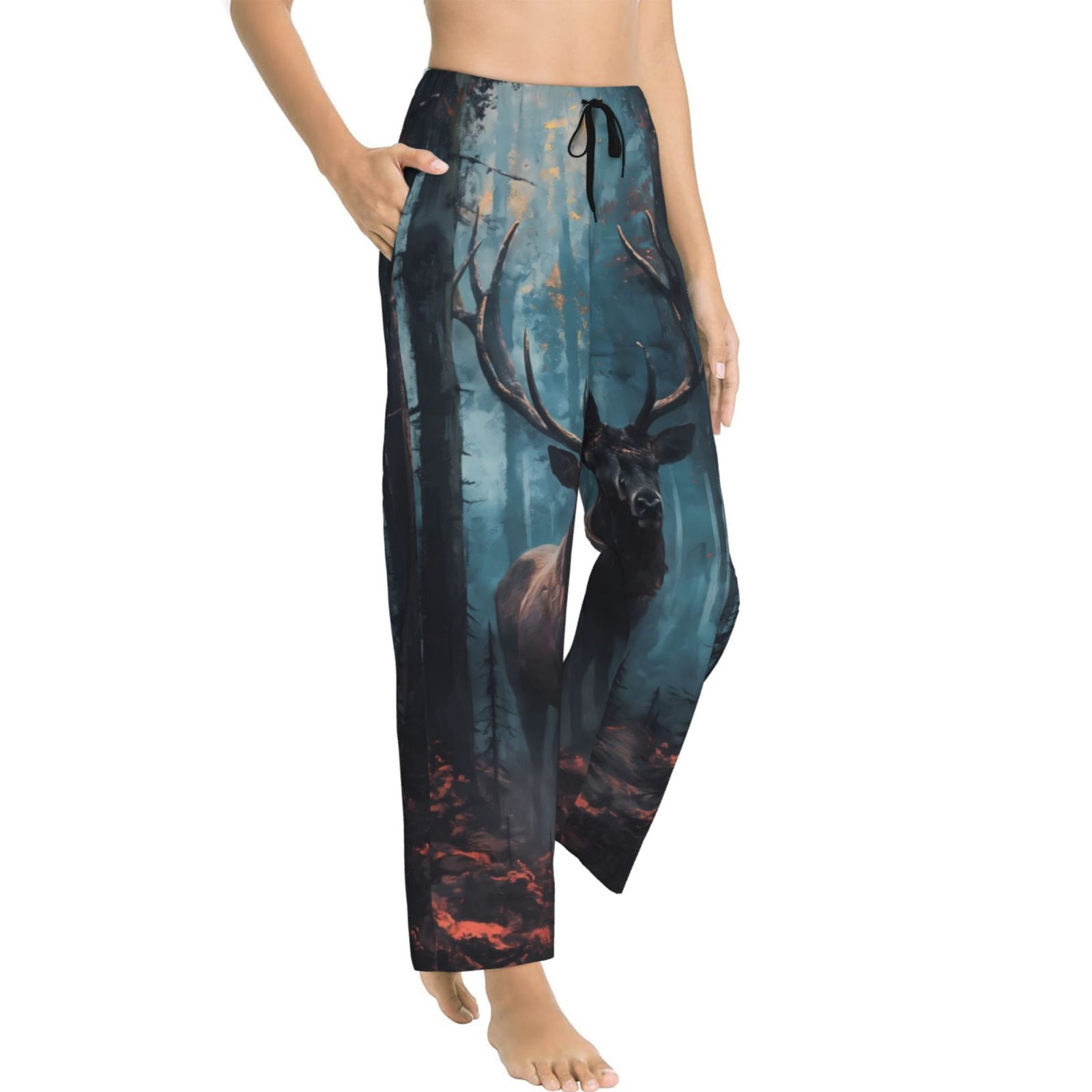 Goofa Mystical Forest Elk Printed Soft Pajama Pants for Women, Wide Leg ...
