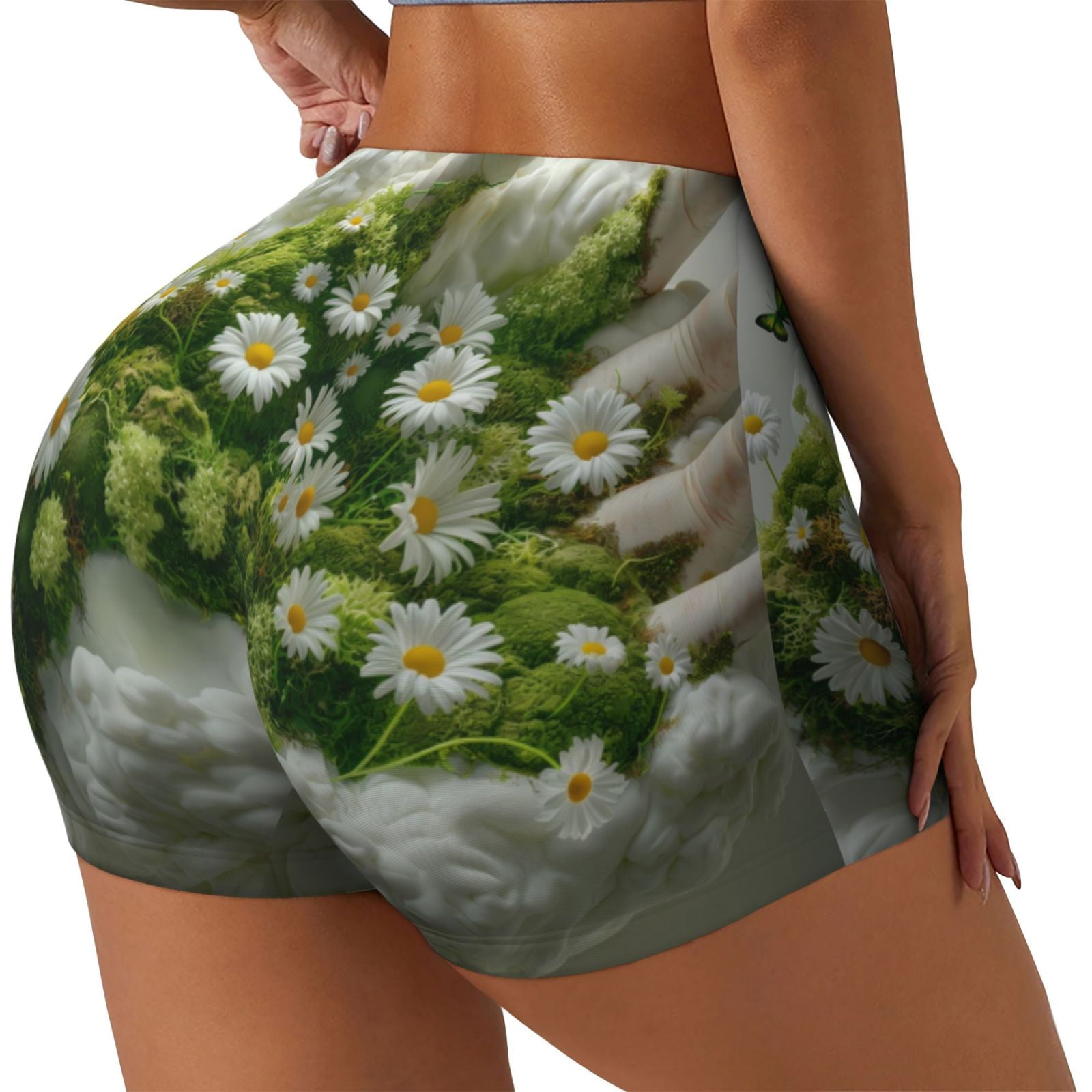 Goofa Nature Hand Daisies Art Printed Workout Shorts Women Seamless Scrunch Butt Lifting High ...