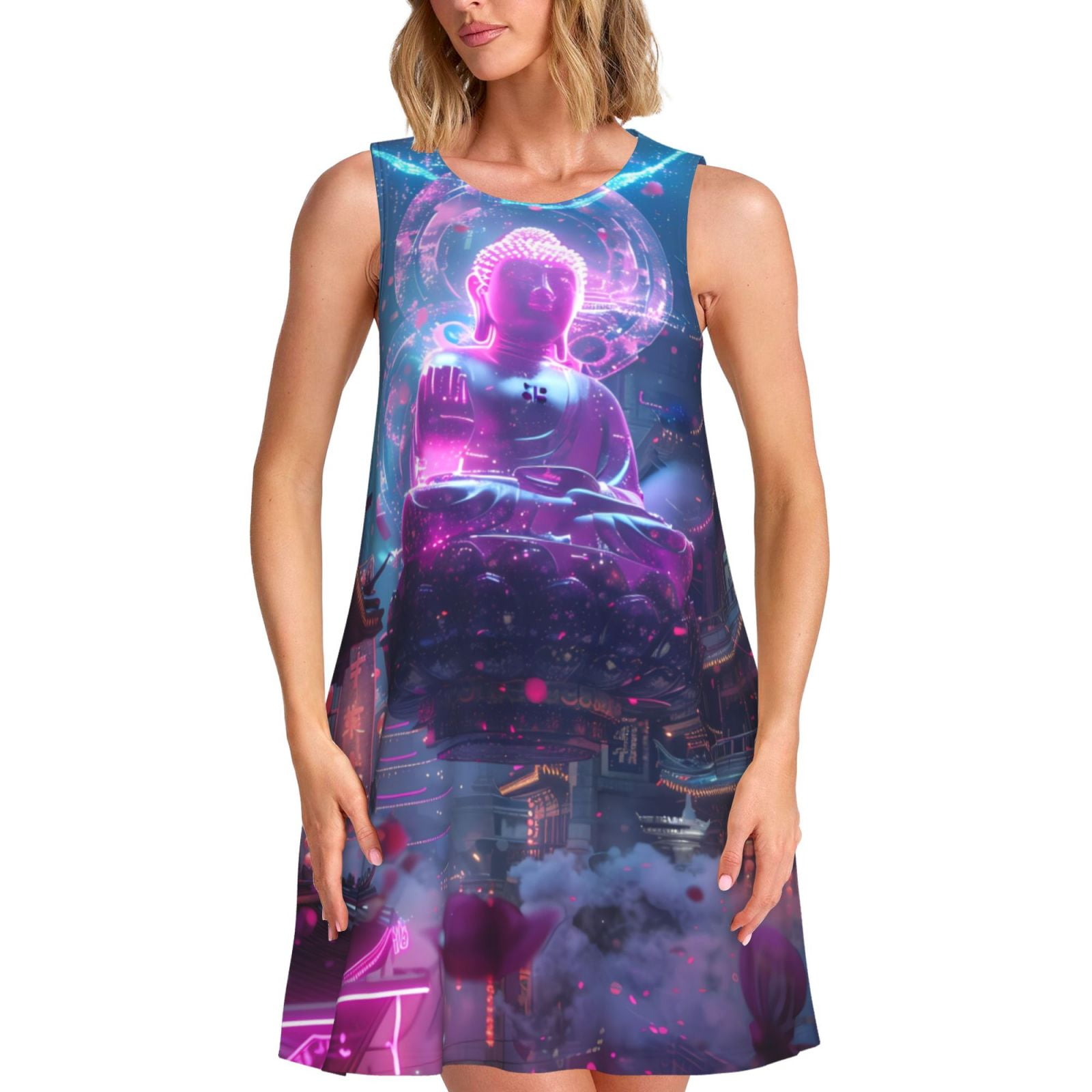 Goofa Neon Buddha Cityscape for Summer Dresses for Women – Beach Floral ...