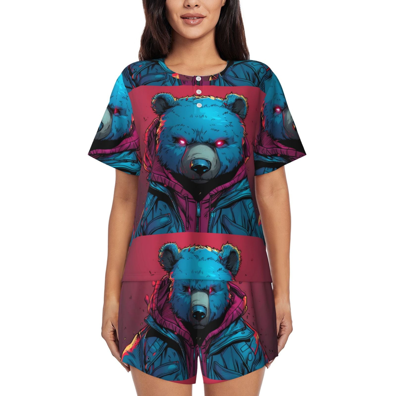 Goofa Neon Cyberpunk Blue Bear for Womens Cotton 2 Piece Pajamas Set ...