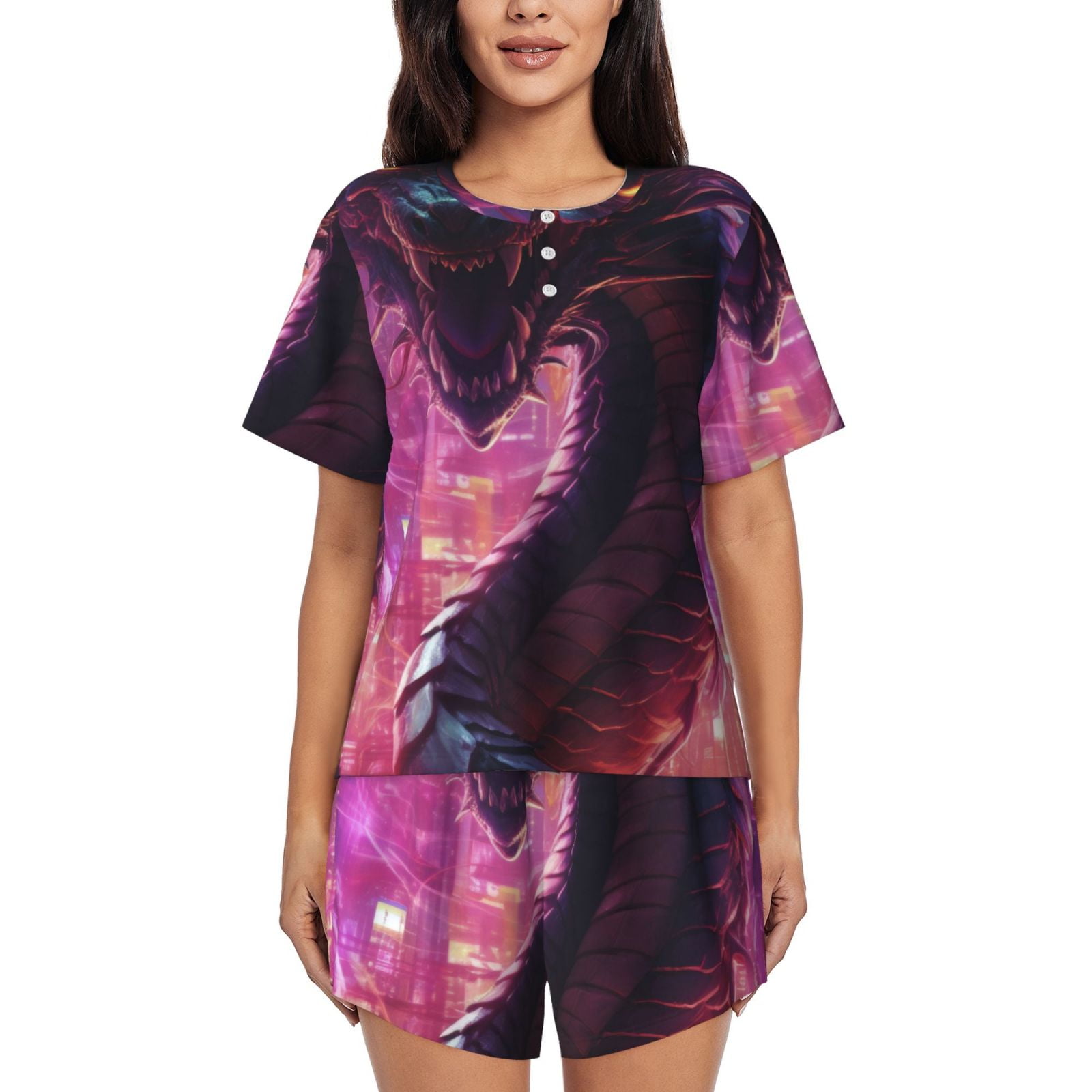 Goofa Neon Futuristic Dragon for Womens Cotton 2 Piece Pajamas Set ...