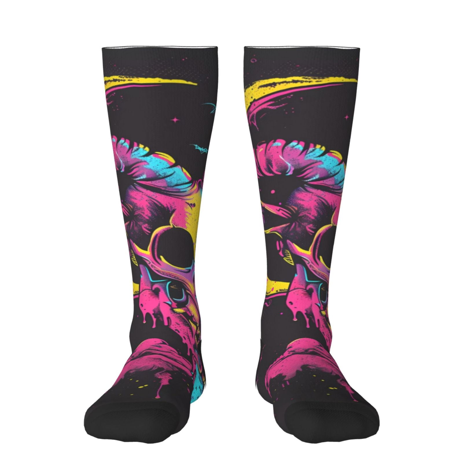 Goofa Neon Gothic Skull Moon Pattern Adult Stockings, Color-Block Knee ...
