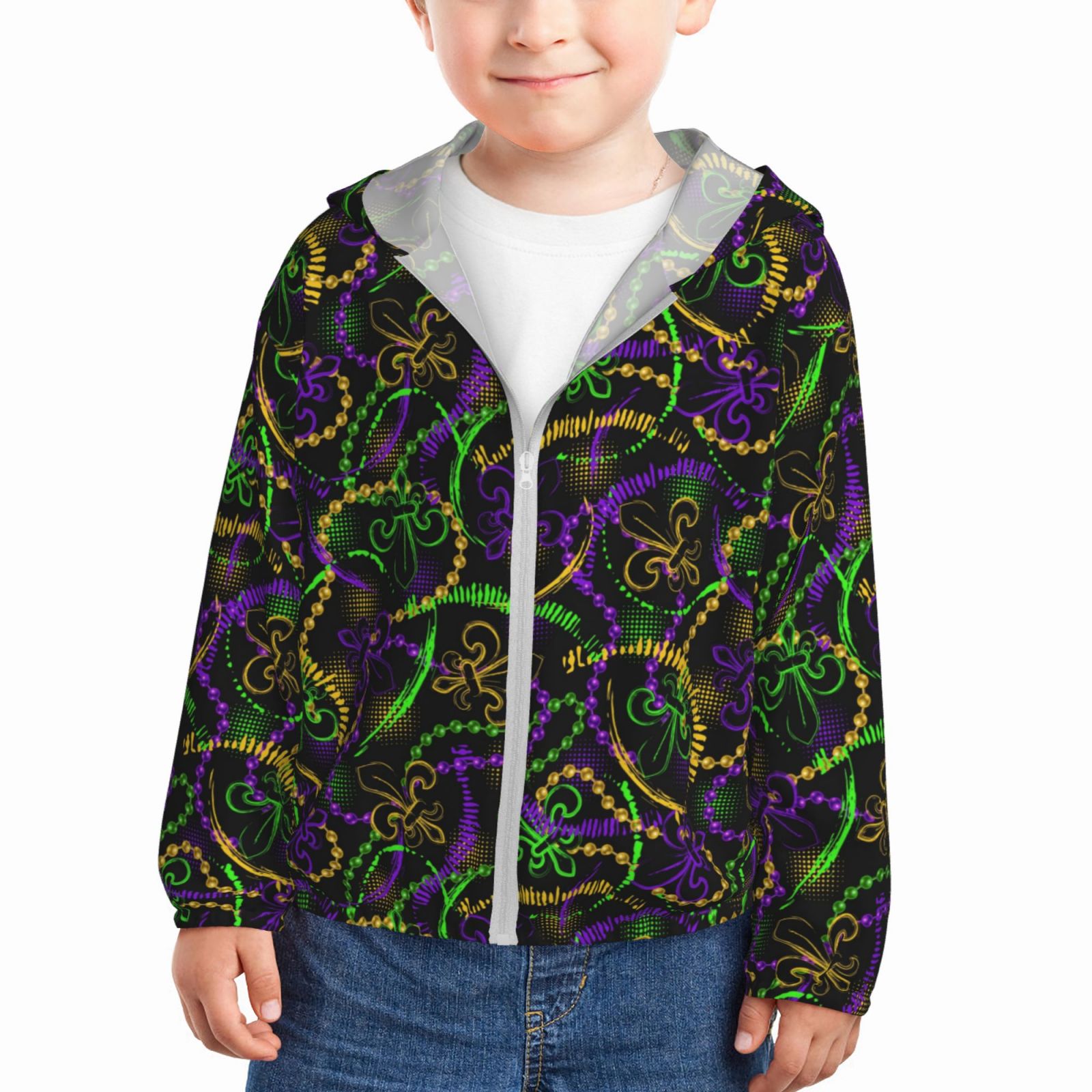 Goofa Neon Mardi Gras Printed Kids Zip-Up Hoodie Girls Boys UPF50+ Sun Protection Jacket Hooded ...