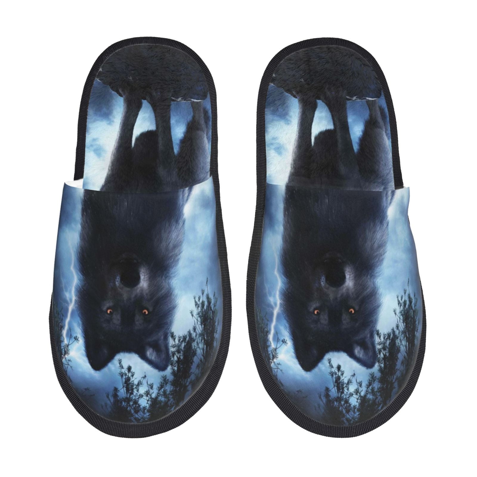Goofa Night Scene of Wolves Pattern Plush Furry Slippers for Men ...