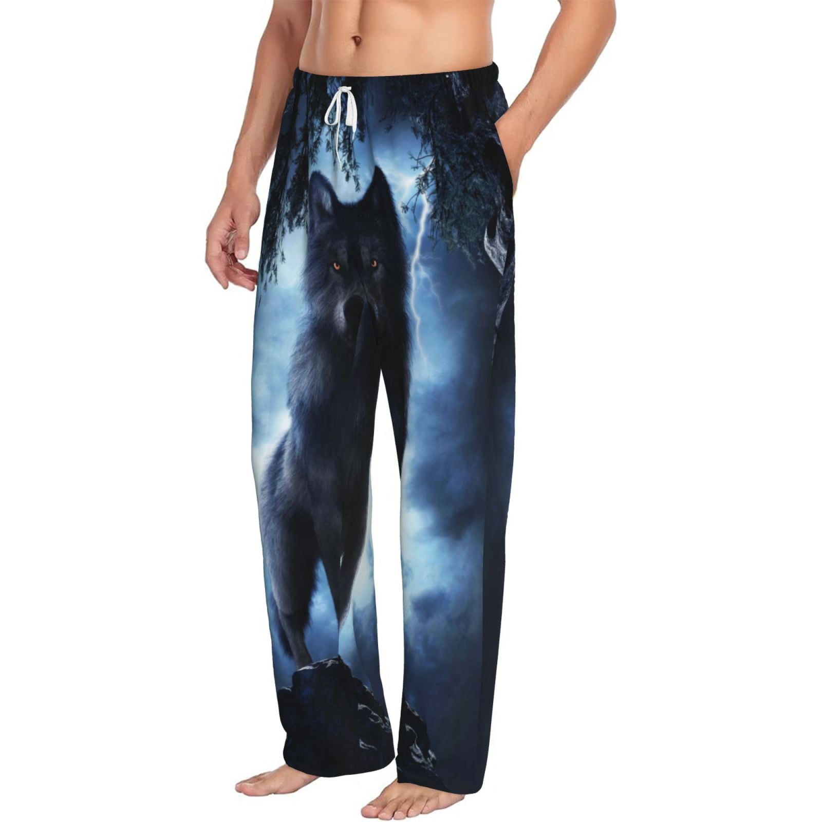 Goofa Night Scene of Wolves Printed Soft Pajama Pants for Men, Wide Leg ...