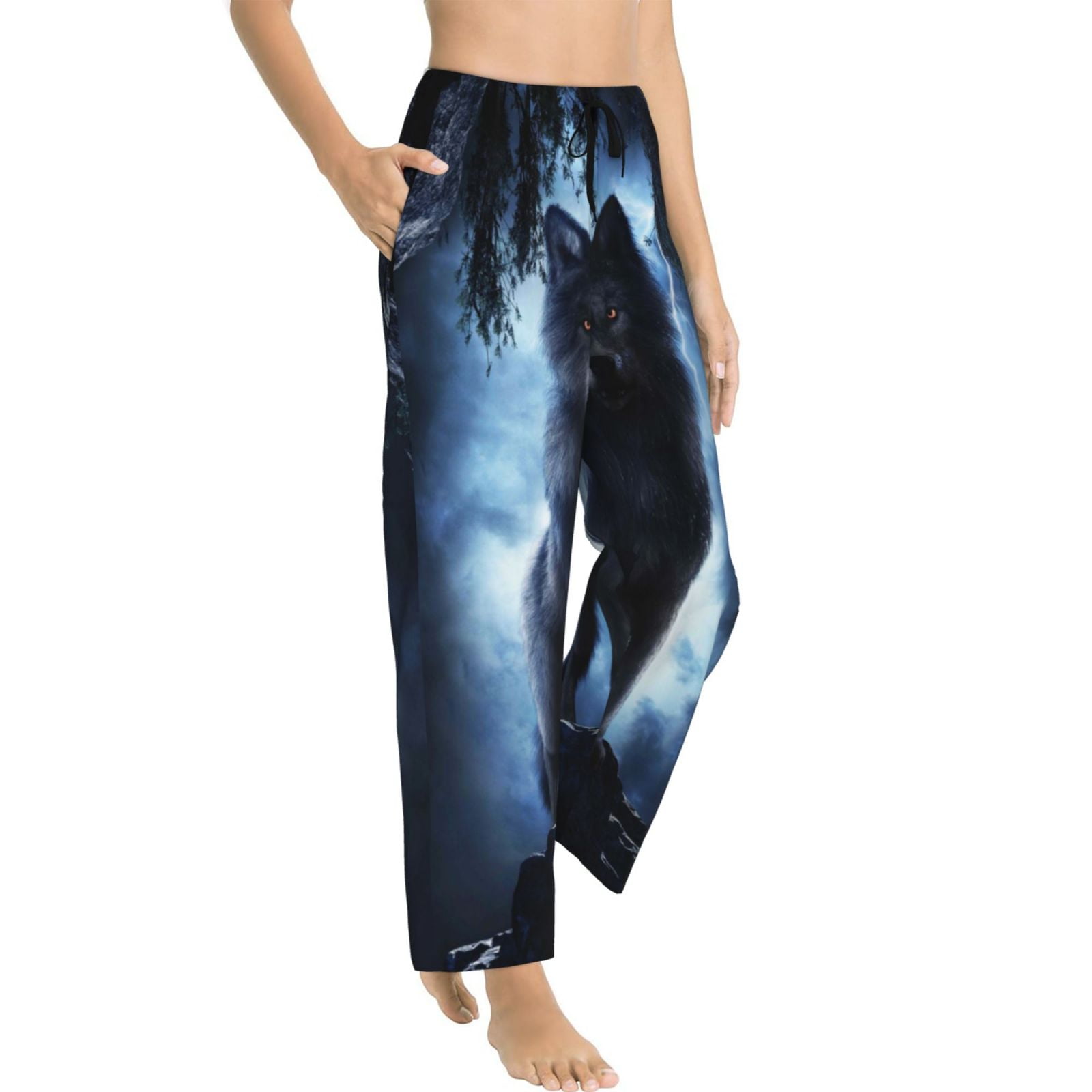 Goofa Night Scene of Wolves Printed Soft Pajama Pants for Women, Wide ...
