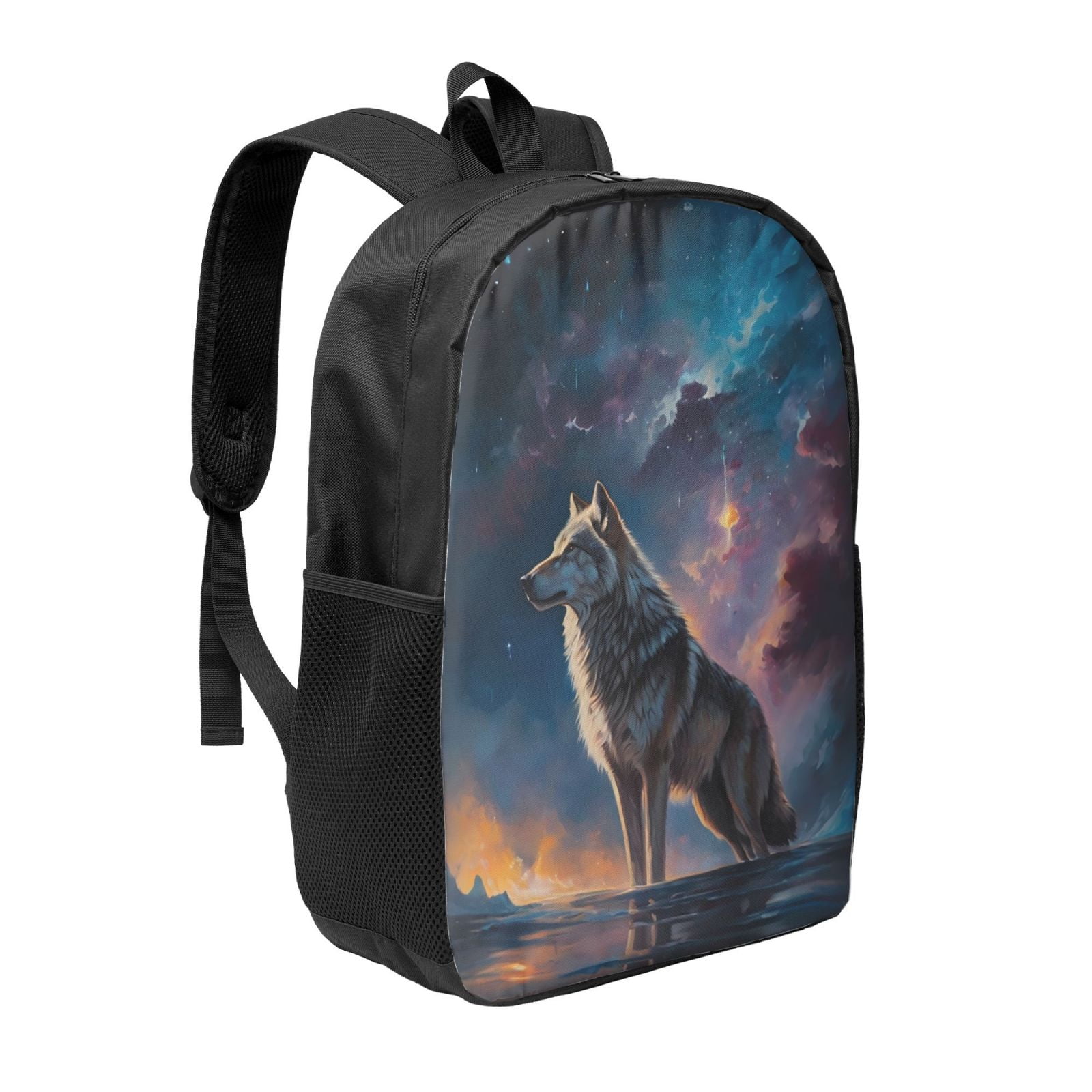 Goofa Night Sky Wolf Pattern 17in Student Backpack - School, Travel ...