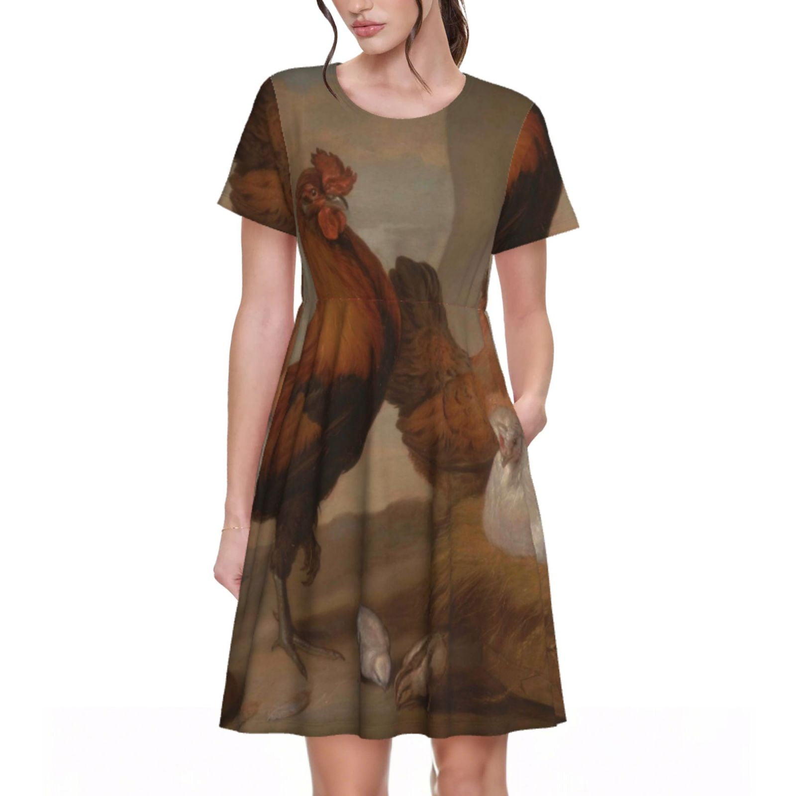 Goofa Oil Painting Chicken And Duck Pattern Women Summer Short Sleeve ...